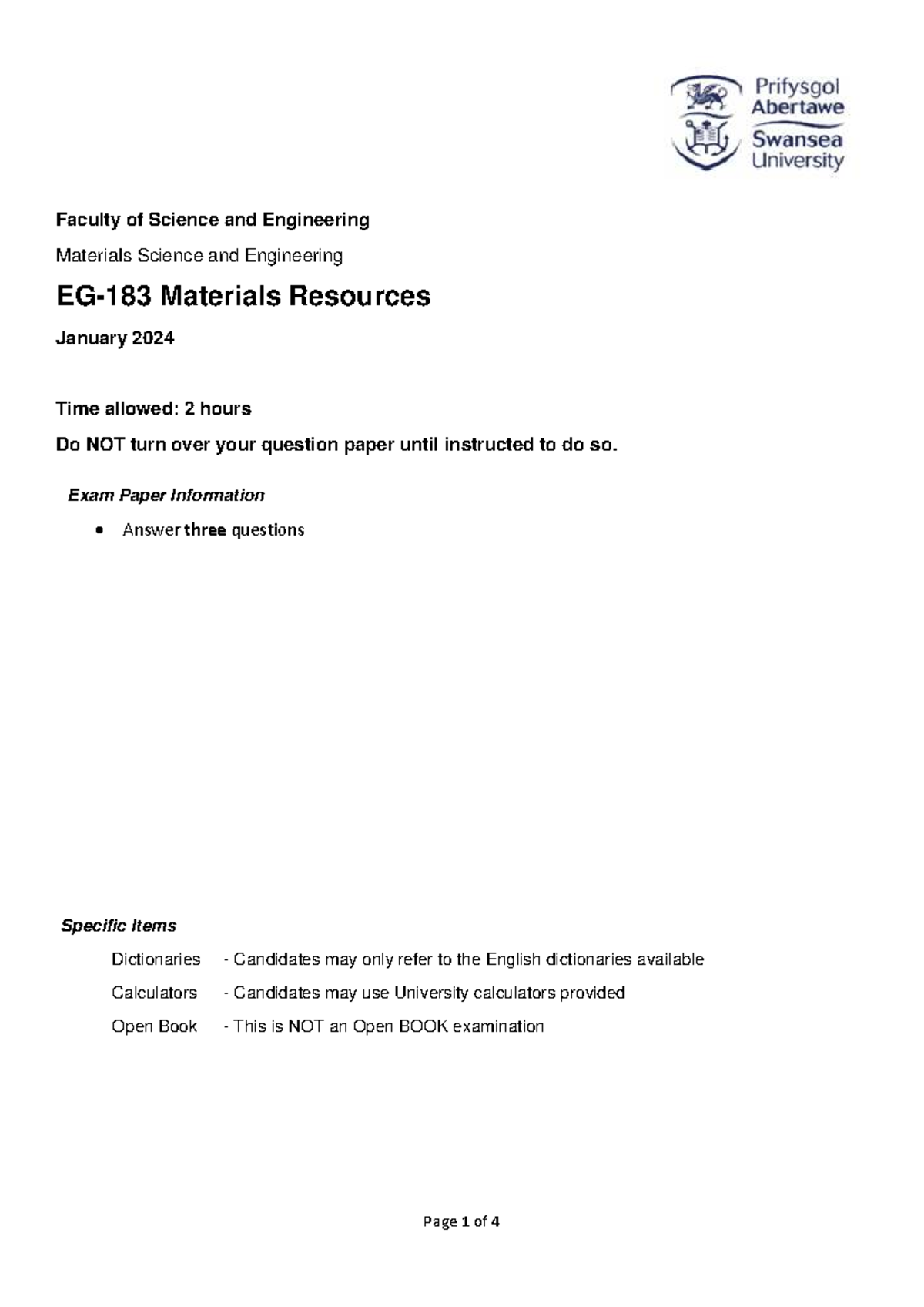 MR Exam Jan 2024 - Materials Science & Engineering Past Paper - Studocu