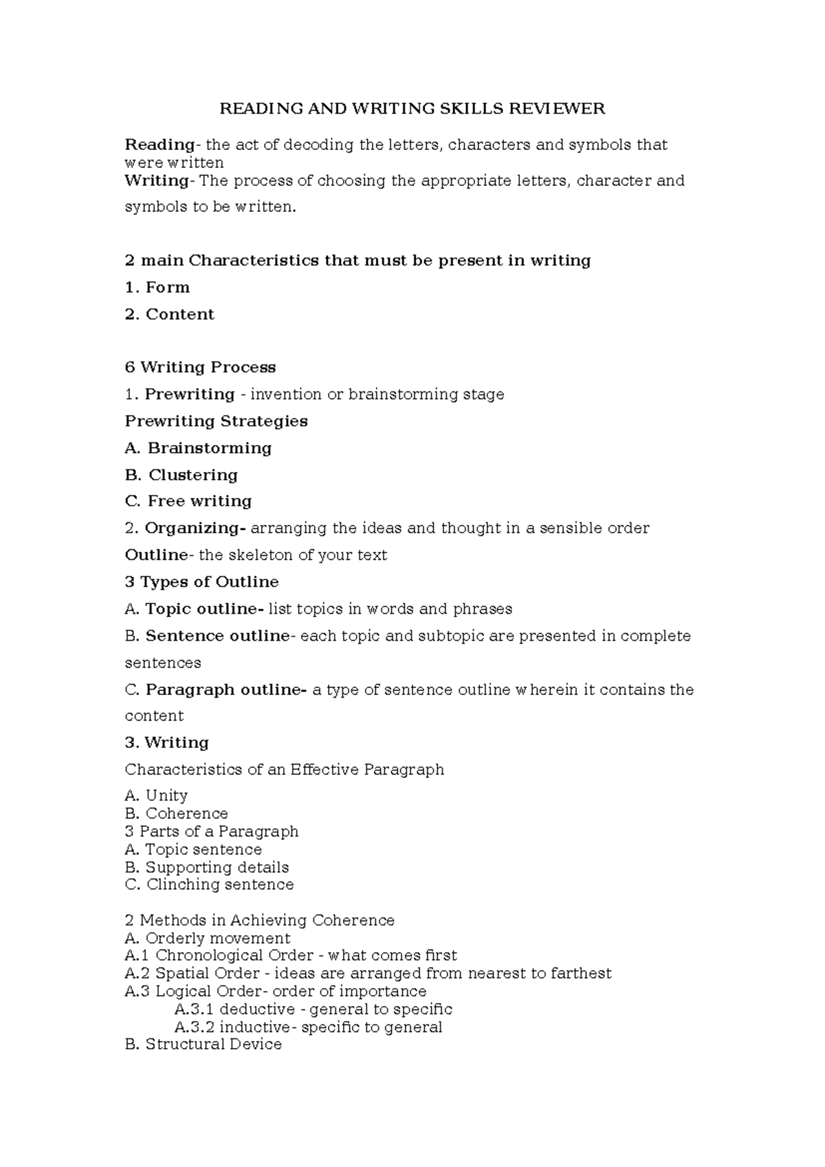 Reading and Writing Skills Review (RW 101) - Studocu