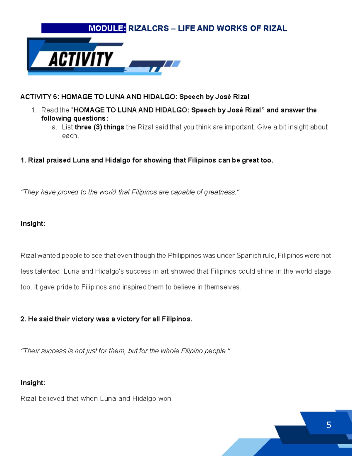 MODULE: RIZALCRS LIFE AND WORKS OF RIZAL ACTIVITY 5: Rizal's Speech on ...