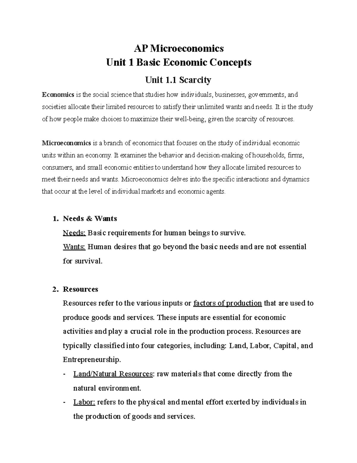 Unit 1.1 讲义 - Scarcity and Basic Economic Concepts Overview - Studocu