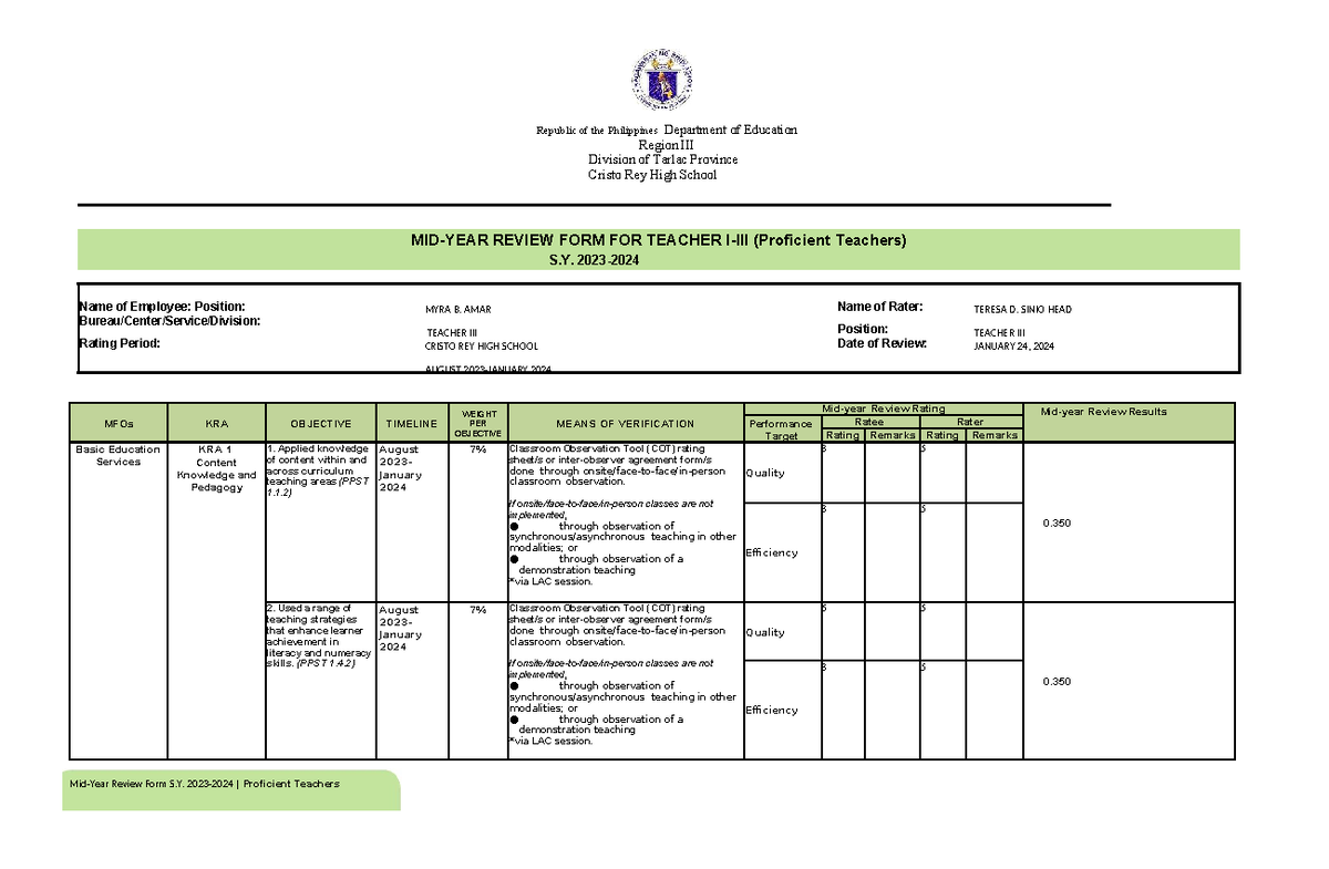 REVIEW FORM FOR TEACHERS (Proficient) S.Y. 2023-2024 - Studocu