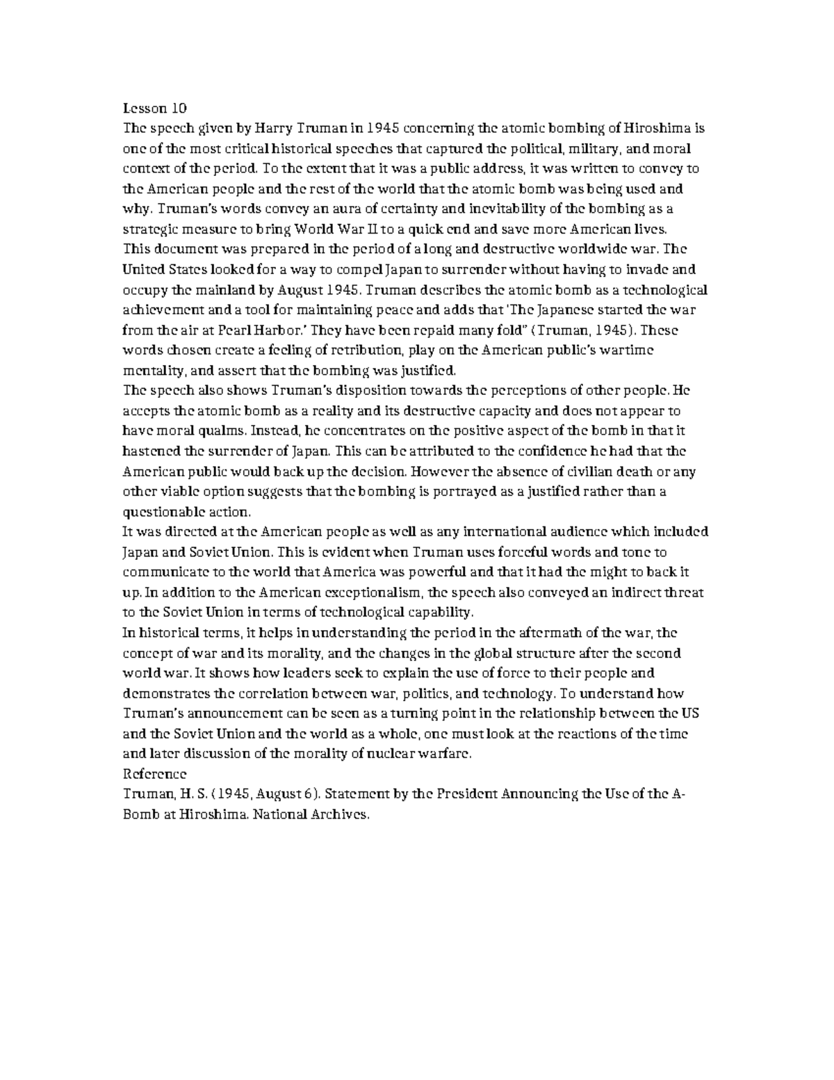 Lesson 10: Analyzing Truman's 1945 Speech on Hiroshima - Studeersnel