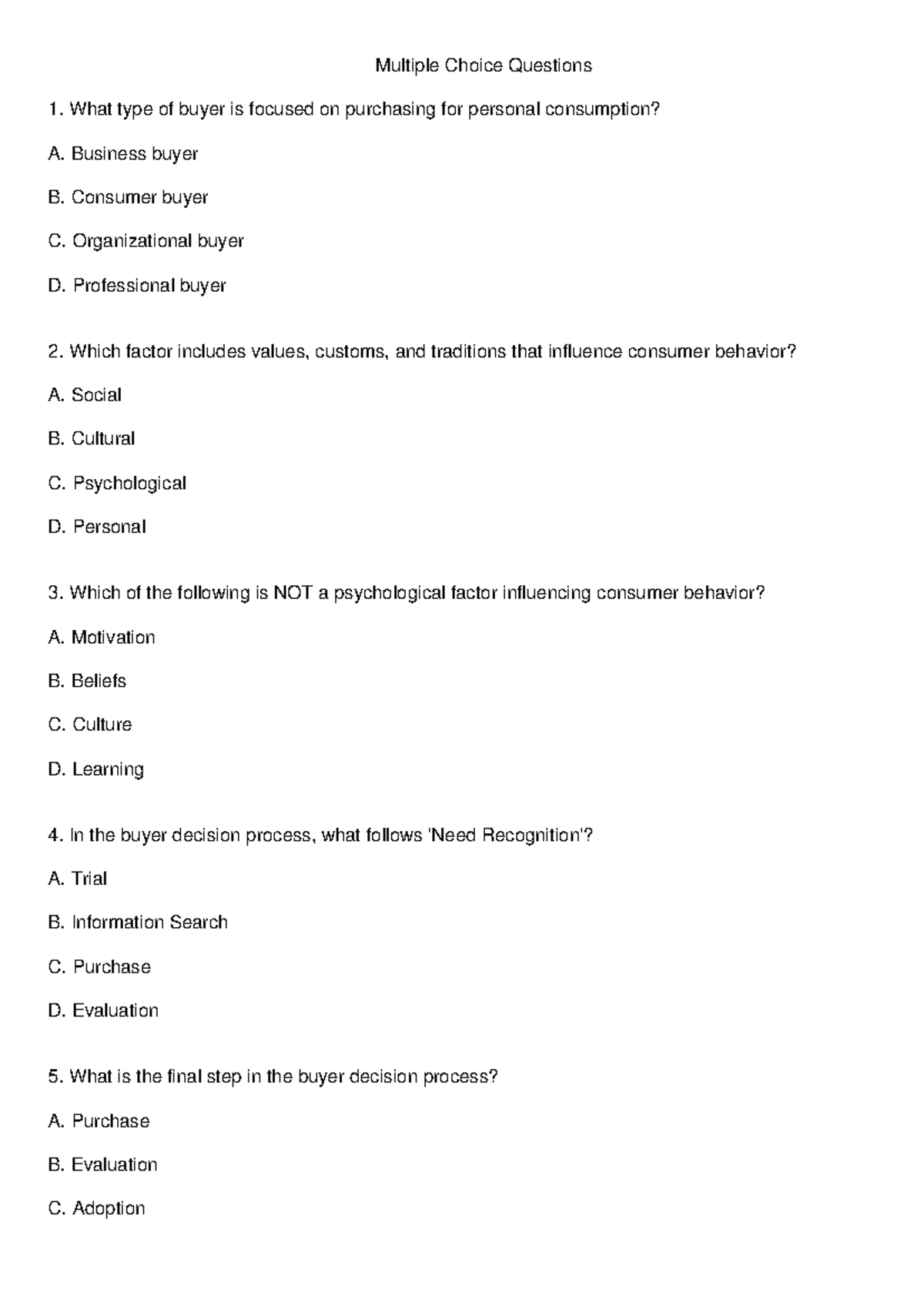 Buyer Behavior MCQs: Understanding Consumer Choices and Influences ...