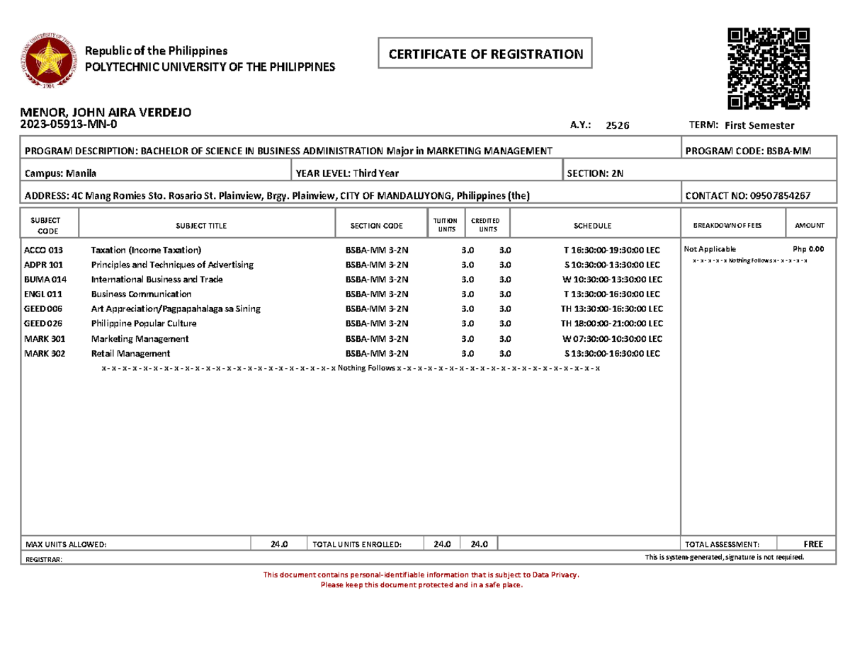 Registration Certificate for BSBA in Marketing Management (ACCO 013 ...