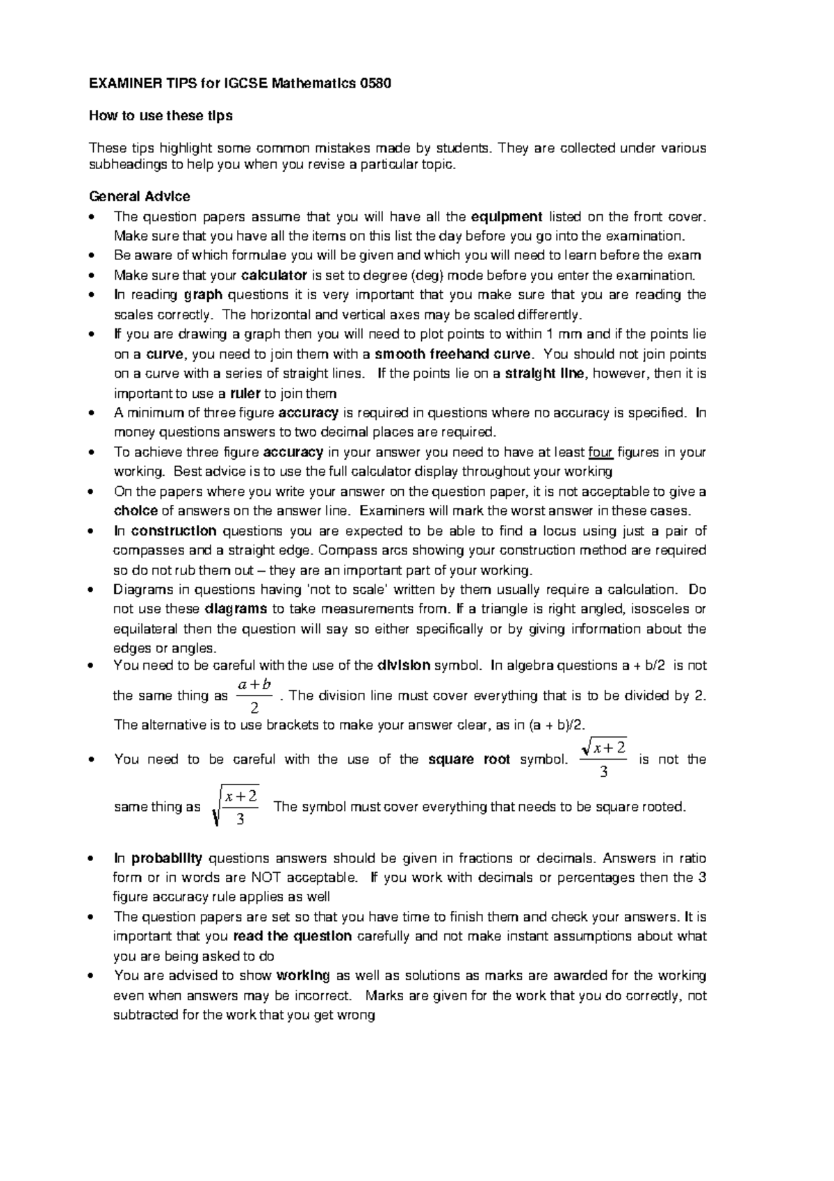 IGCSE Mathematics 0580: Examiner Tips for Success - Studocu
