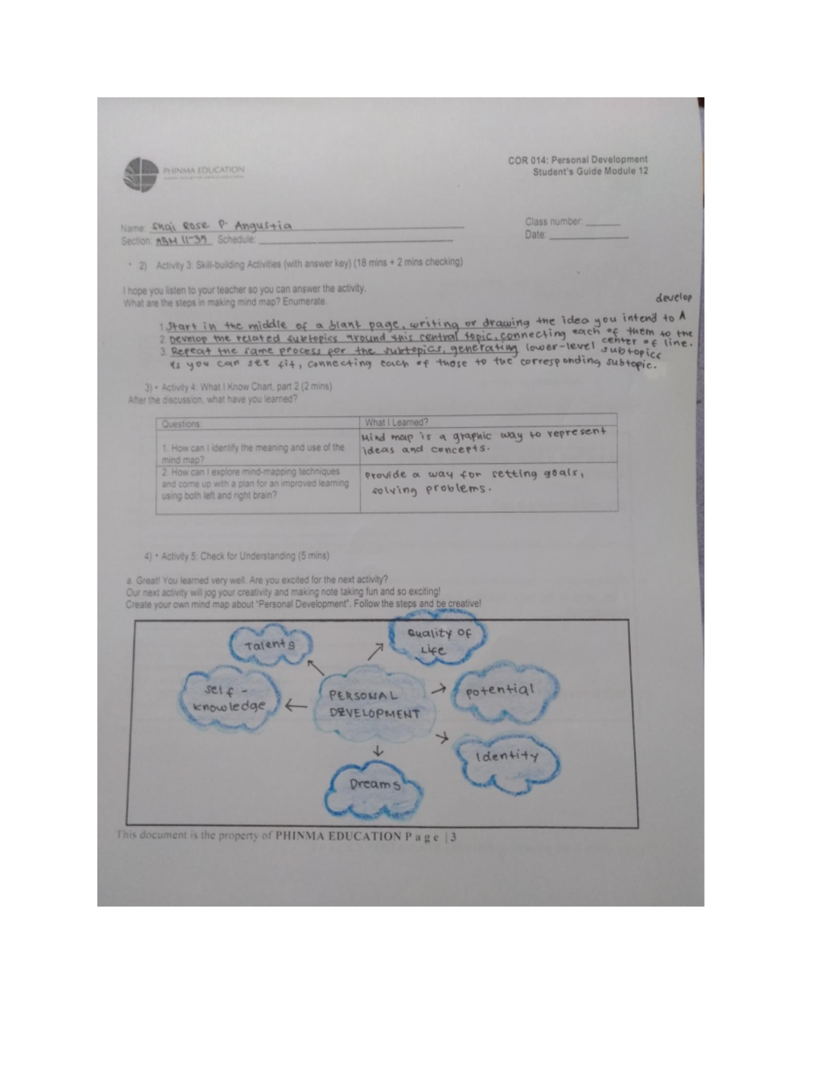 COR 014 - Personal Development Module 12: Mind Mapping Activities - Studocu