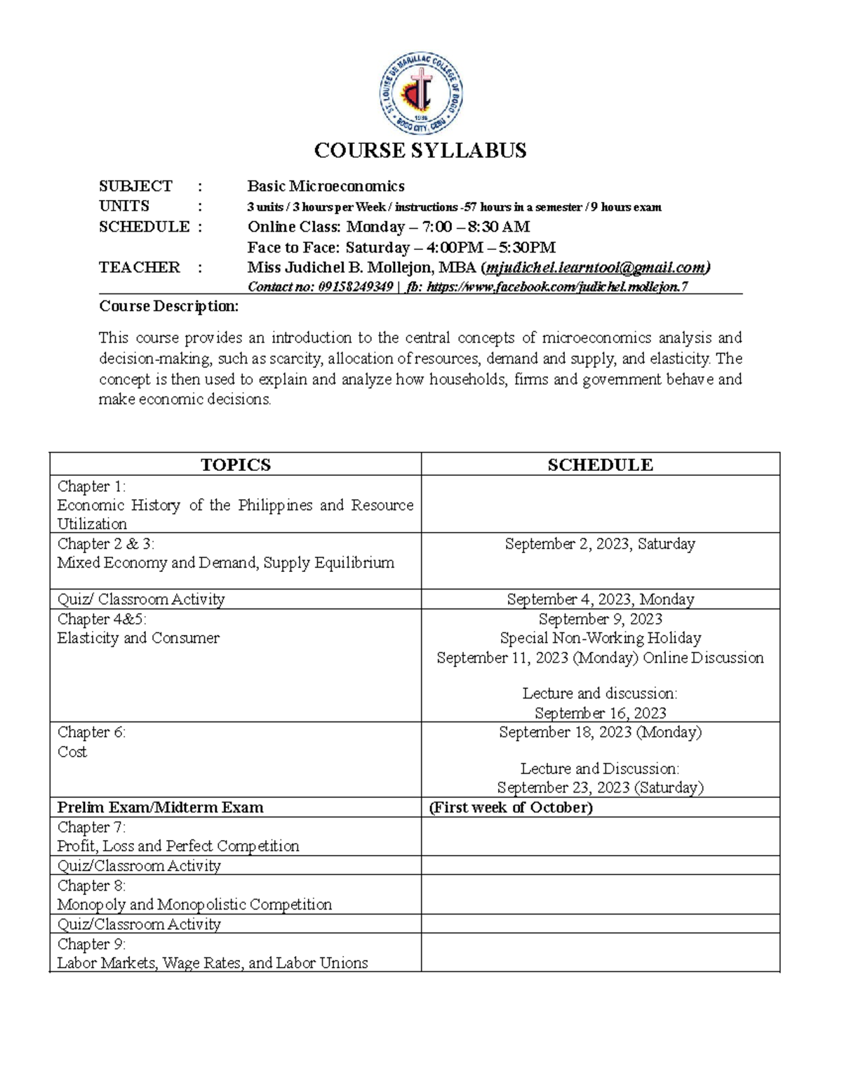 Course Syllabus - Basic Microeconomics - SLMC - COURSE SYLLABUS SUBJECT ...