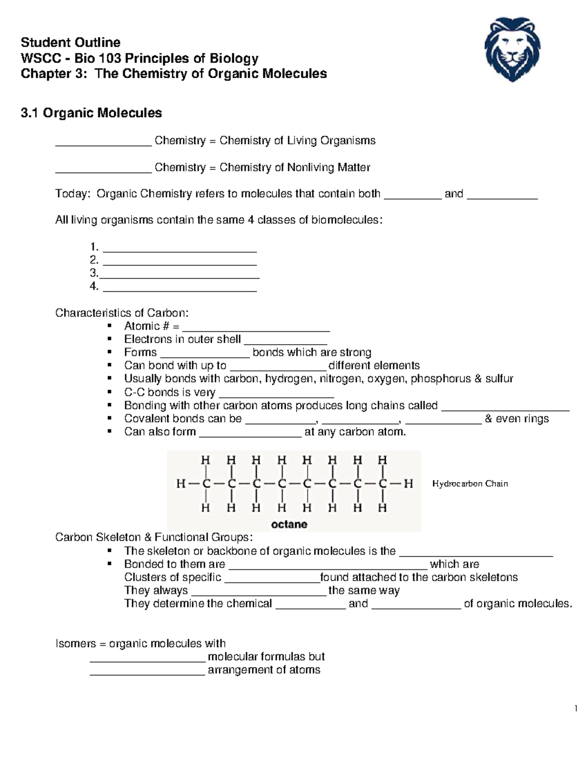 Bio 103 - Principles of Biology: Chapter 3 Study Notes on Organic ...