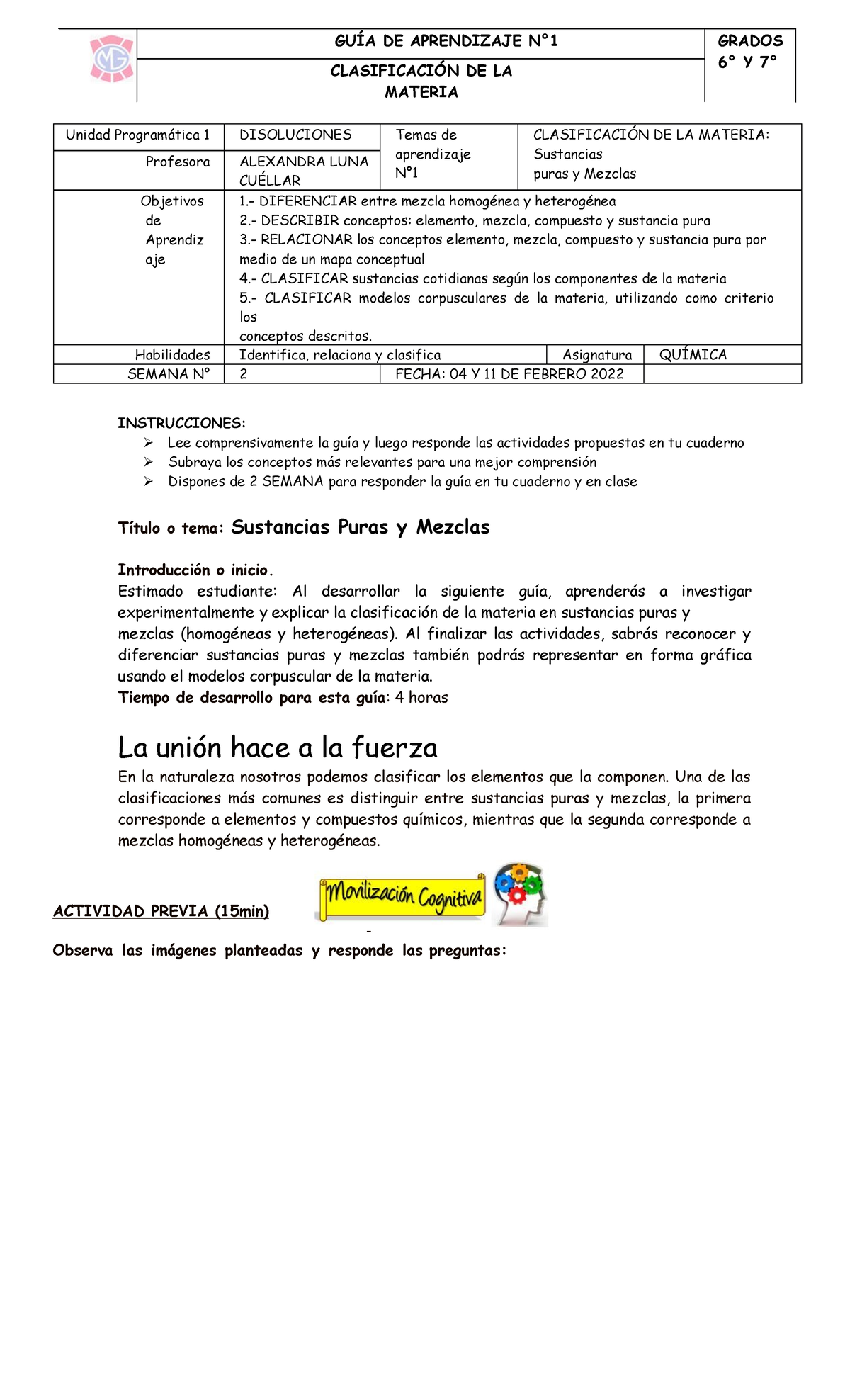 Hoja De Trabajo Sobre Sustancias Puras Y Mezclas