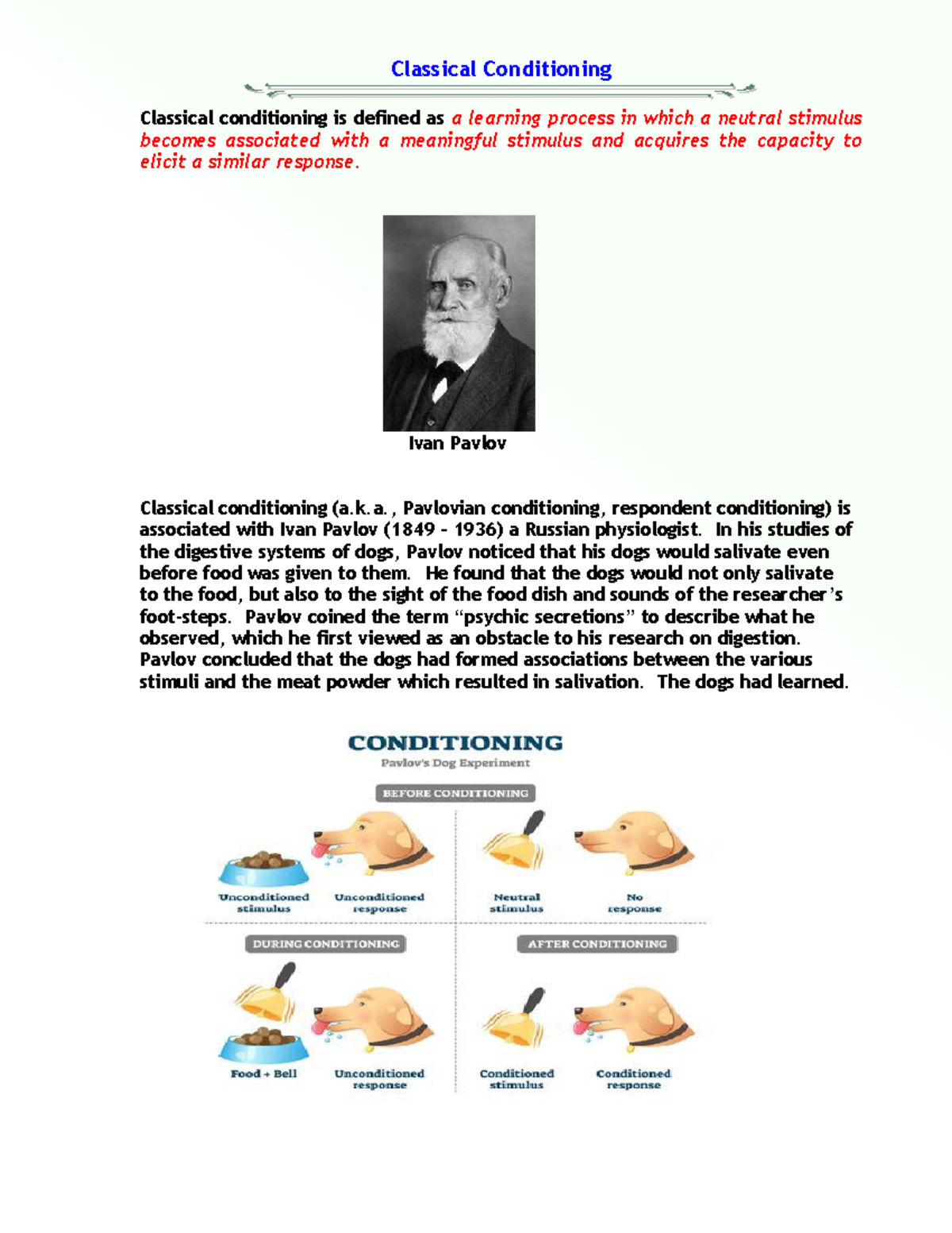 Classical Conditioning (PSY101): Overview of Pavlov's Experiments - Studocu