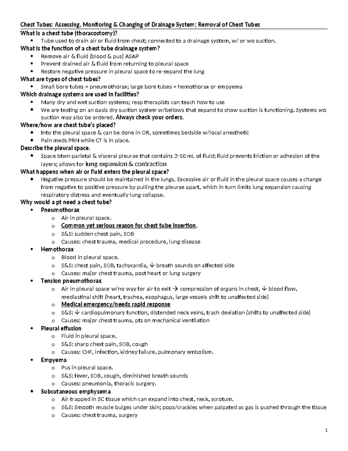 Chest Tube Management: Skills for Assessing & Changing Systems - Studocu