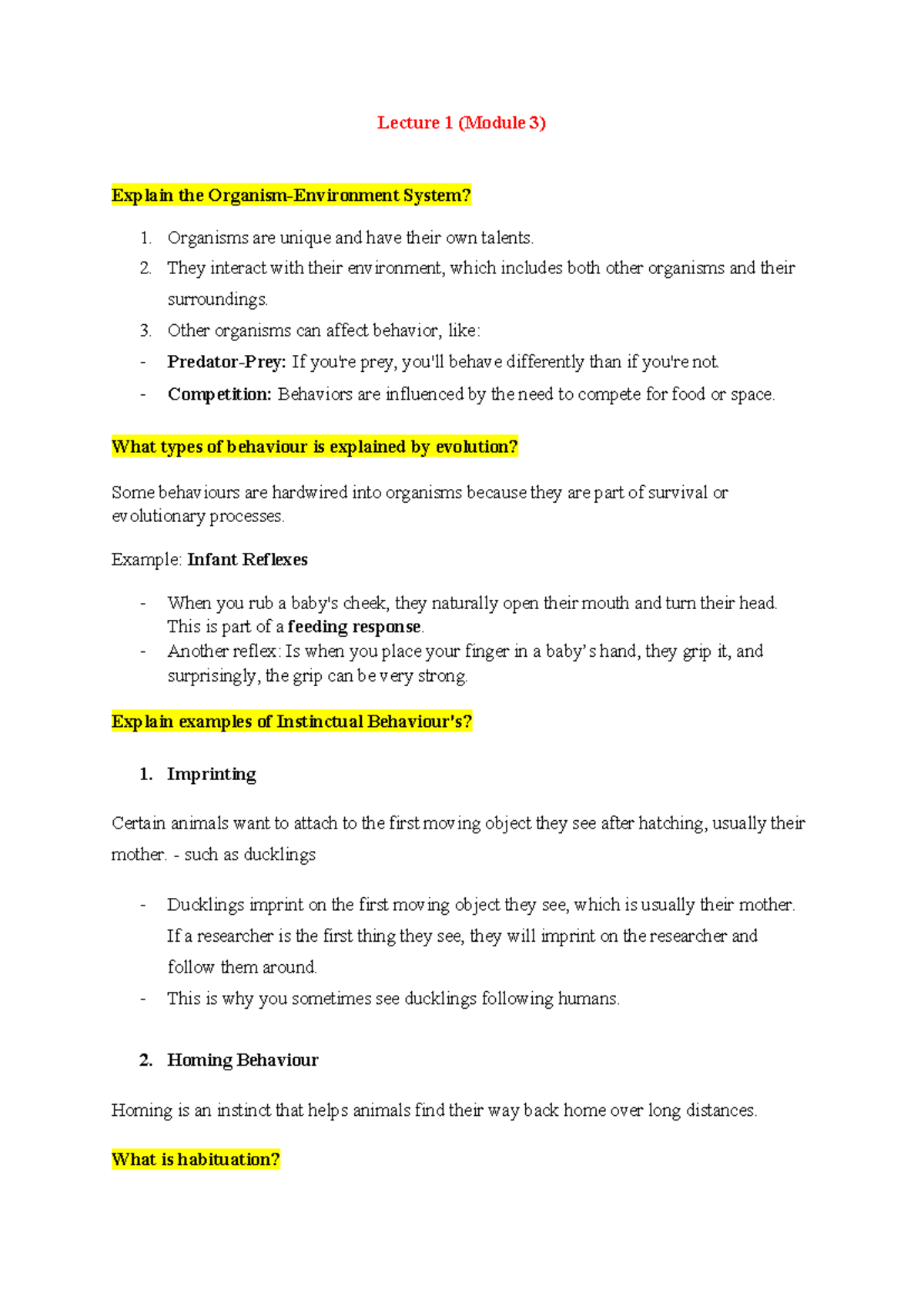 Lecture 1 (Module 3) Exam Notes on Animal Behavior and Conditioning ...