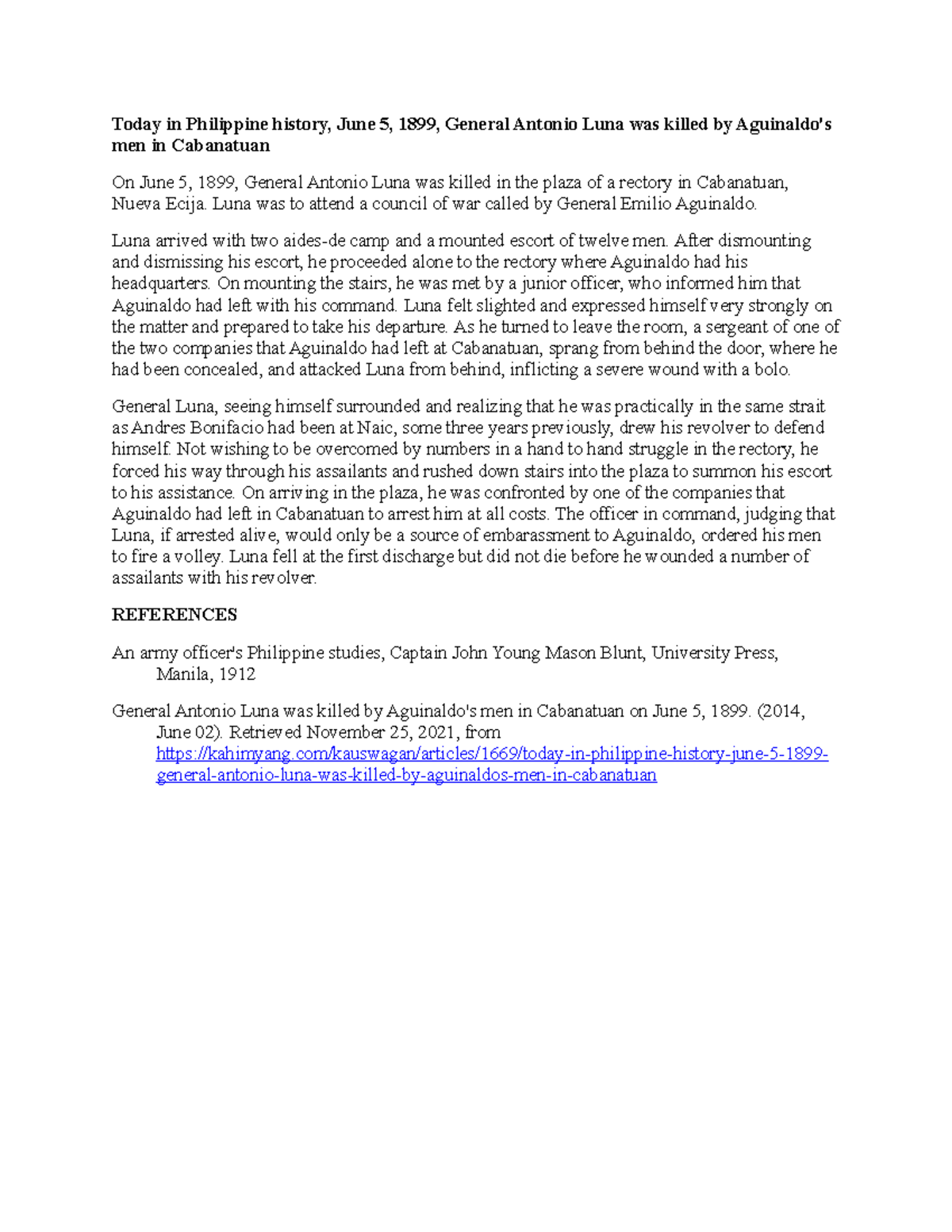 Readings on the Death Of Antonio Luna - Readings in the Philippine ...