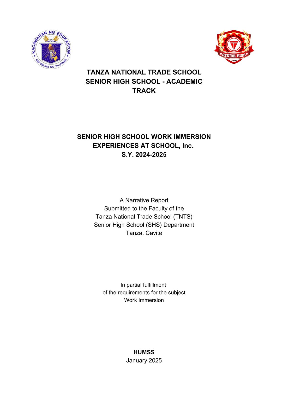 HUMSS Work Immersion Narrative Report at Punta Elementary School - Studocu