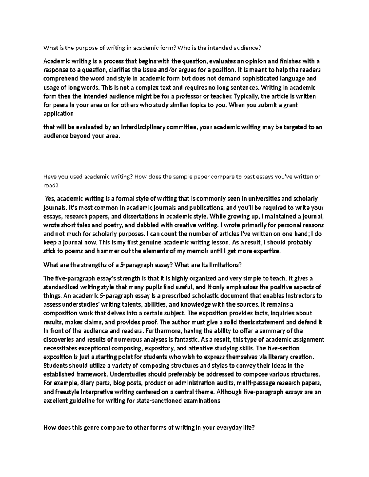 Academic Writing: Purpose, Audience, and the 5-Paragraph Essay - Studocu
