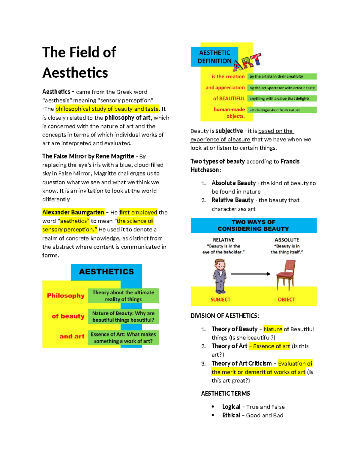 ART 101: Notes on Aesthetics and Filipino Art Appreciation - Studocu