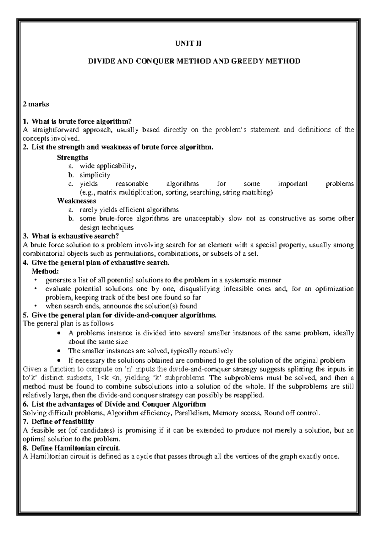 UNIT II: Divide and Conquer & Greedy Methods Overview (CS101) - Studocu