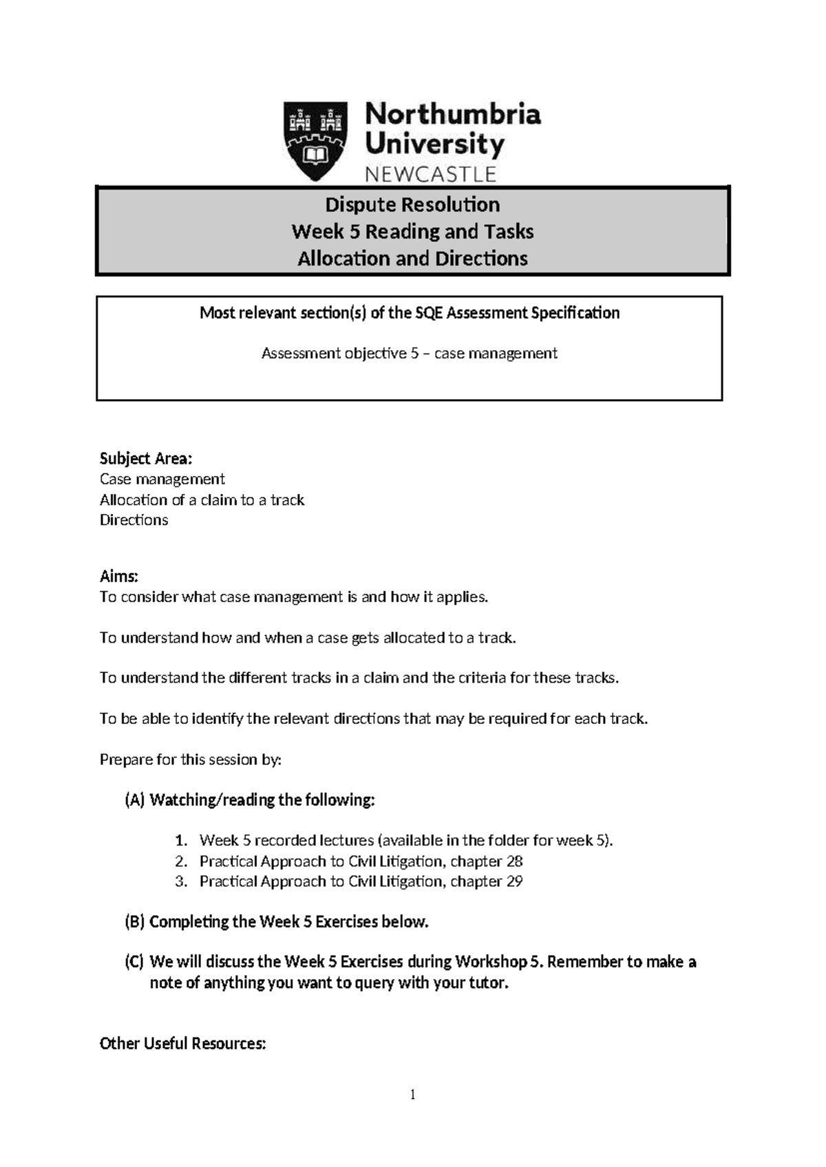 Dispute Resolution (Week 5) Case Management Reading & Tasks - Studocu