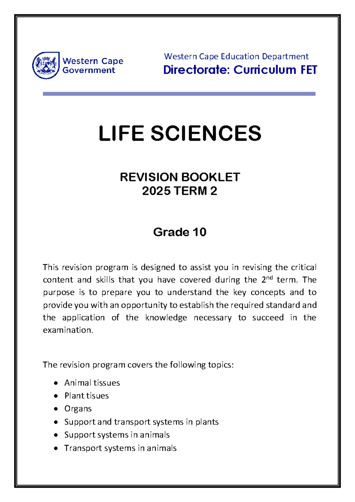 Life Sciences Grade 10 Revision Booklet for Term 2, 2025 - Studocu
