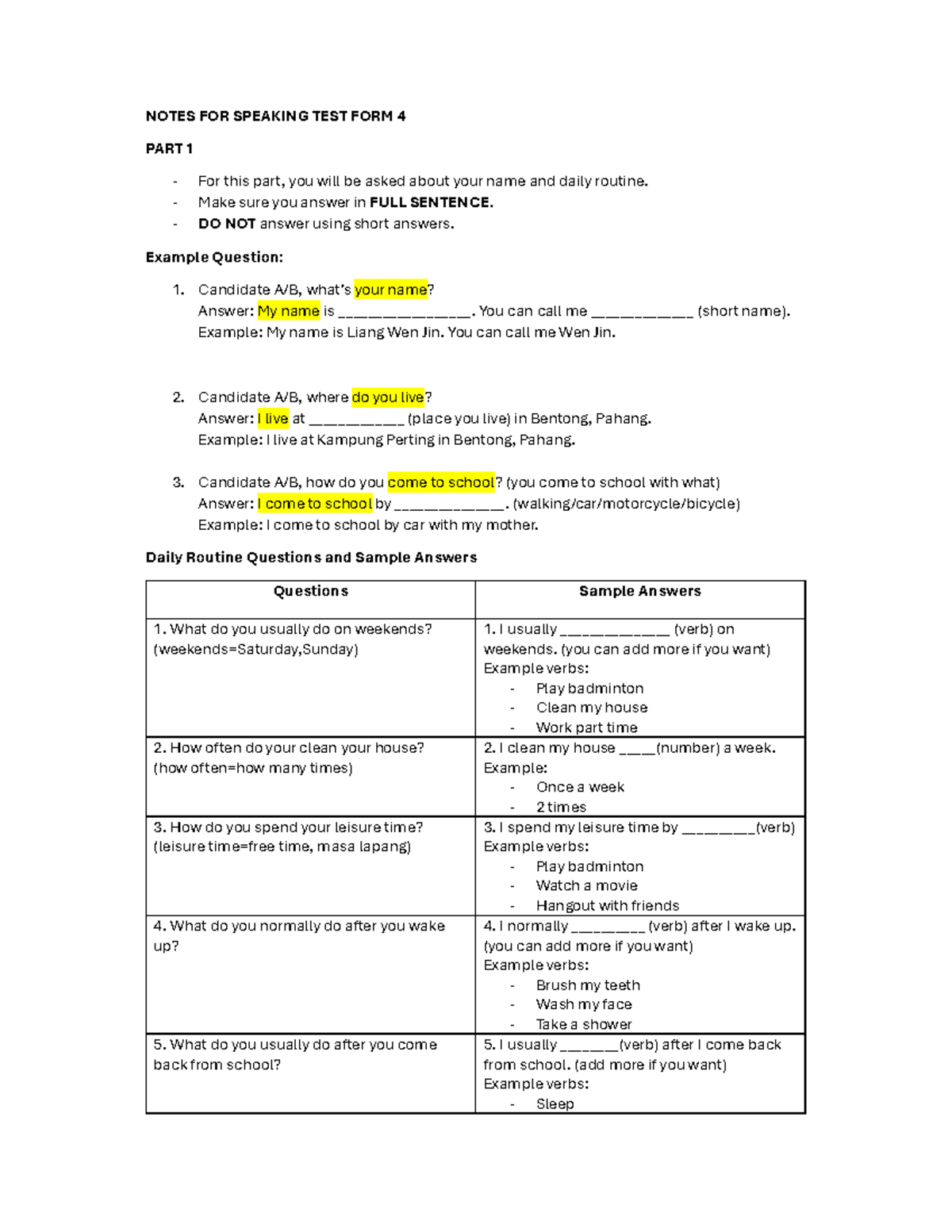 Speaking Test Notes for Form 4 Preparation - Studocu