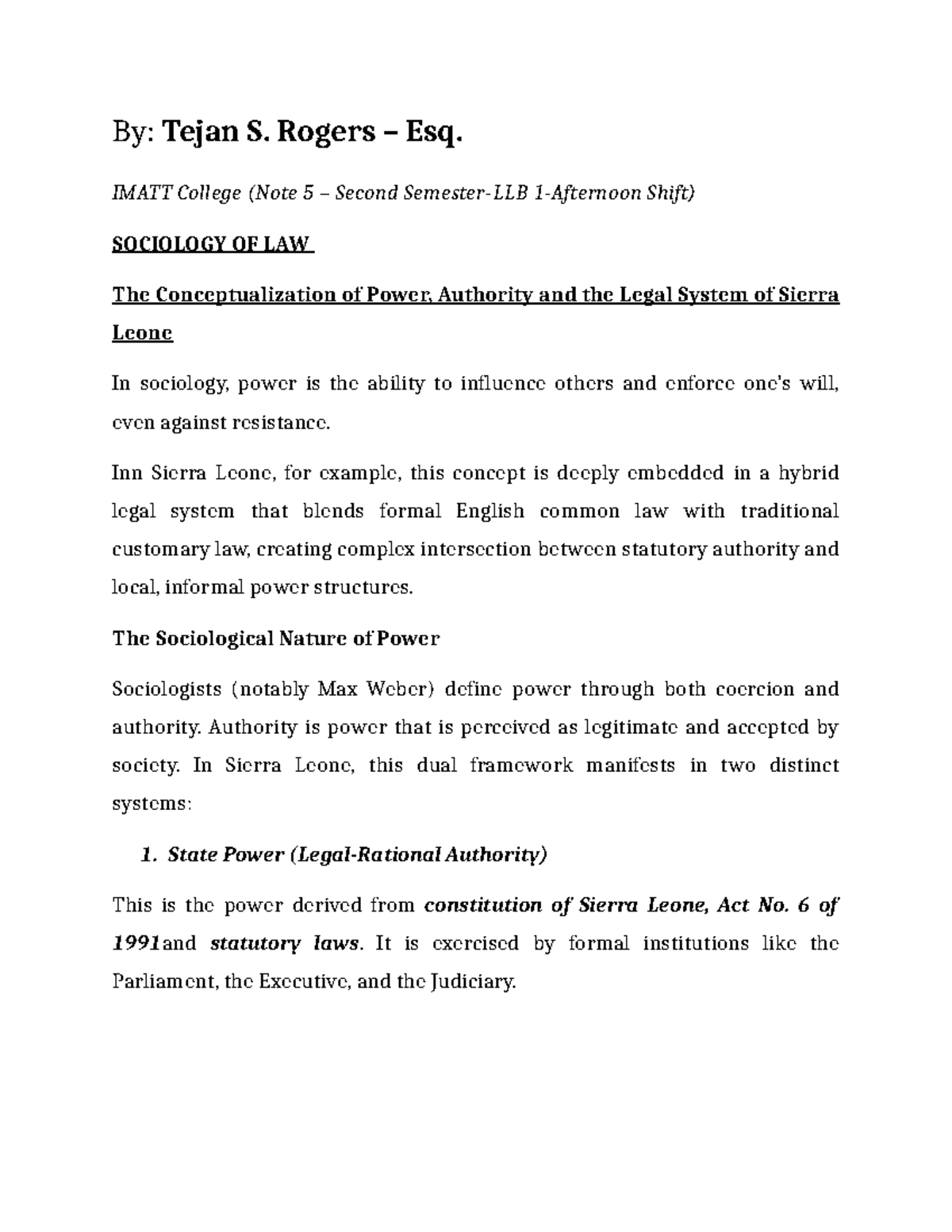Power, Authority & the Legal System in Sierra Leone - SOCIOLOGY OF LAW ...
