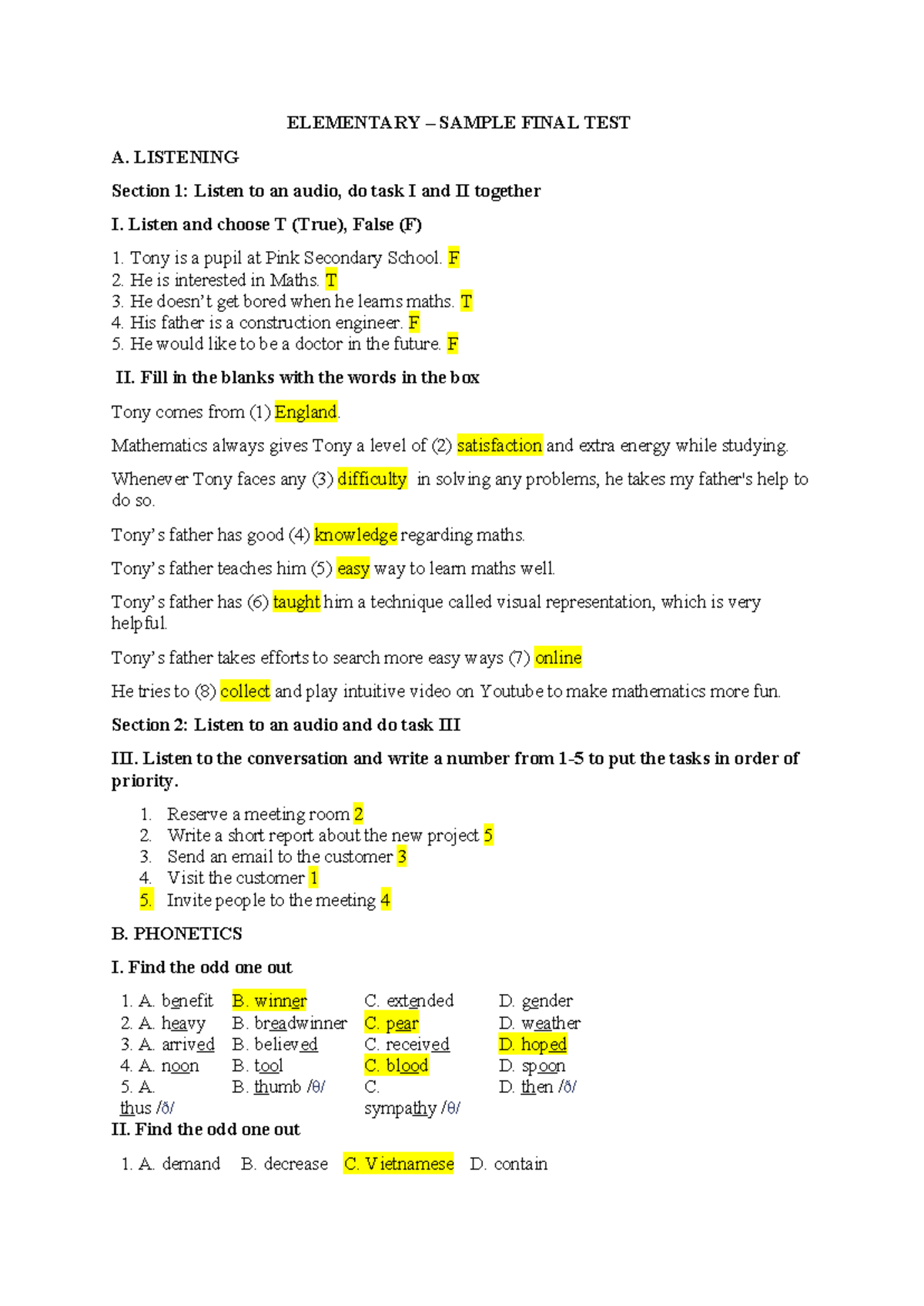 Elementary - Sample Final Exam: Listening, Phonetics, Grammar, Reading ...