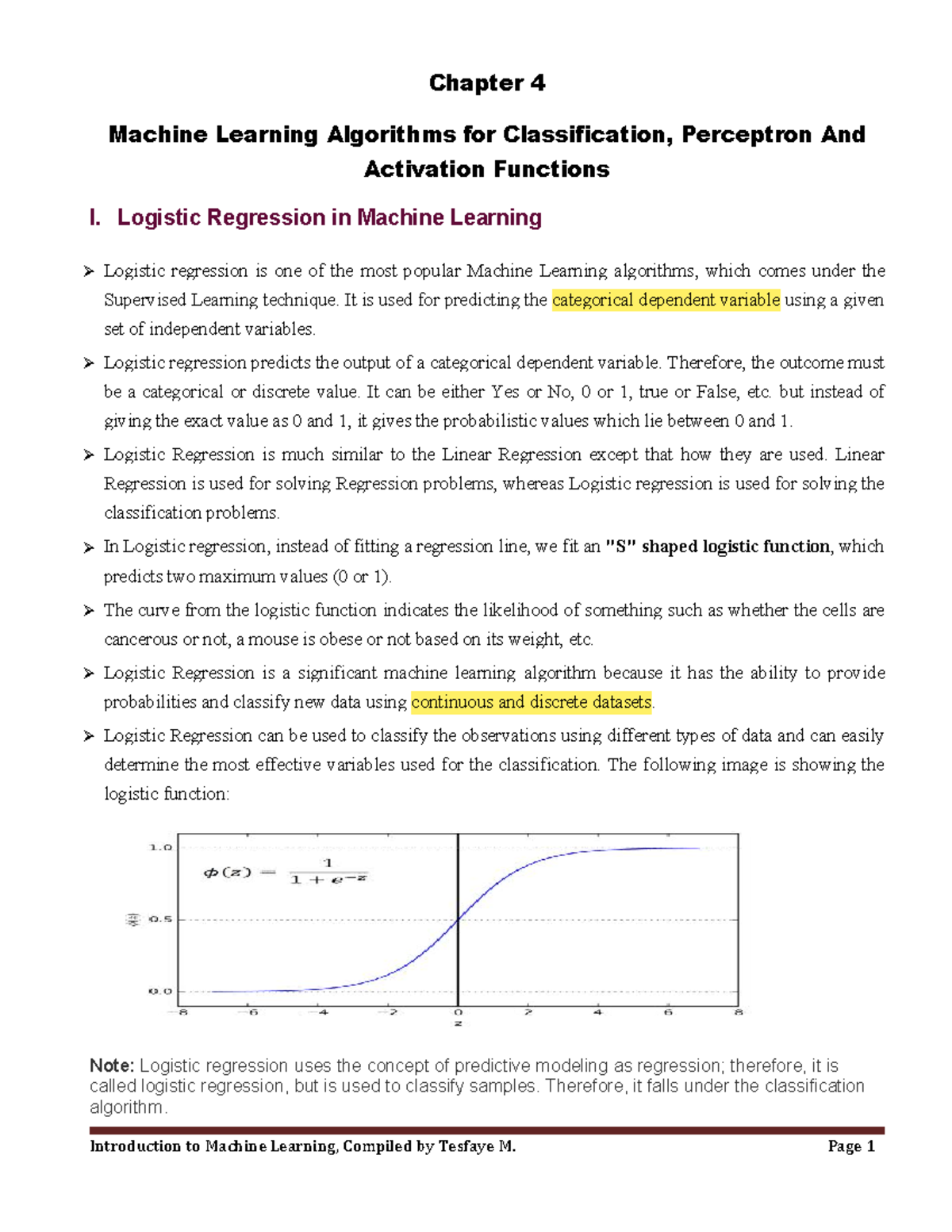 Chapter 4: Machine Learning Algorithms for Classification - Logistic Regression - Studocu