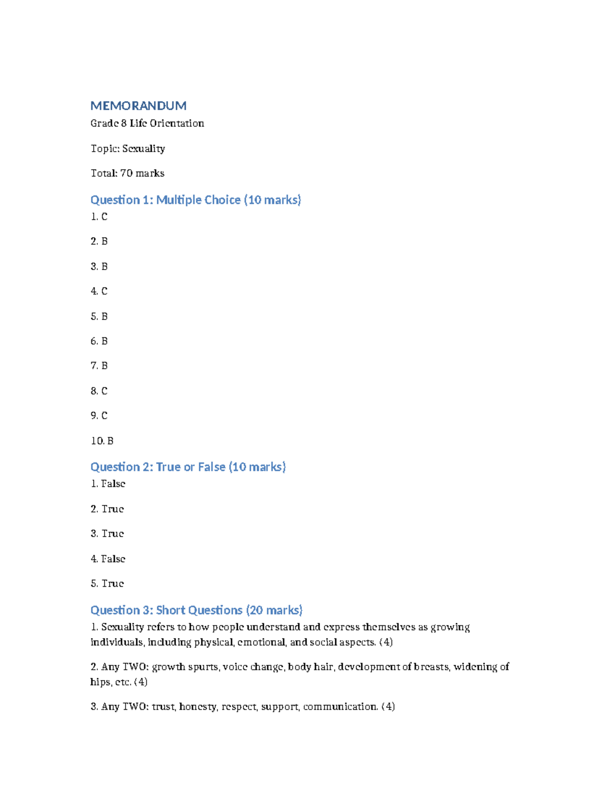 Grade 8 LO Sexuality Memorandum: Answer Key & Marking Guide - Studocu