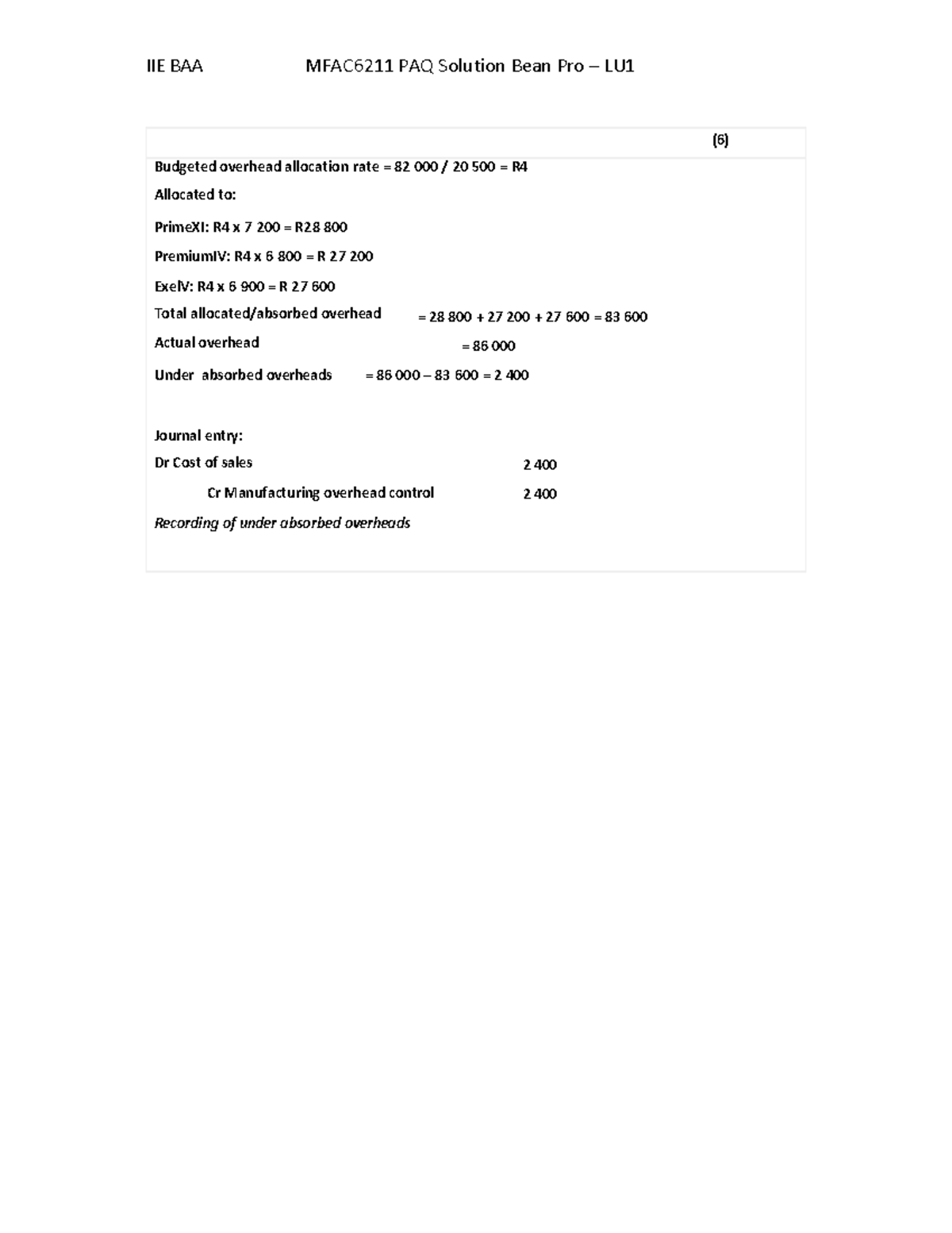 Bean Pro PAQ Solution LU1 - IIE BAA MFAC6211 PAQ Solution Bean Pro – LU ...