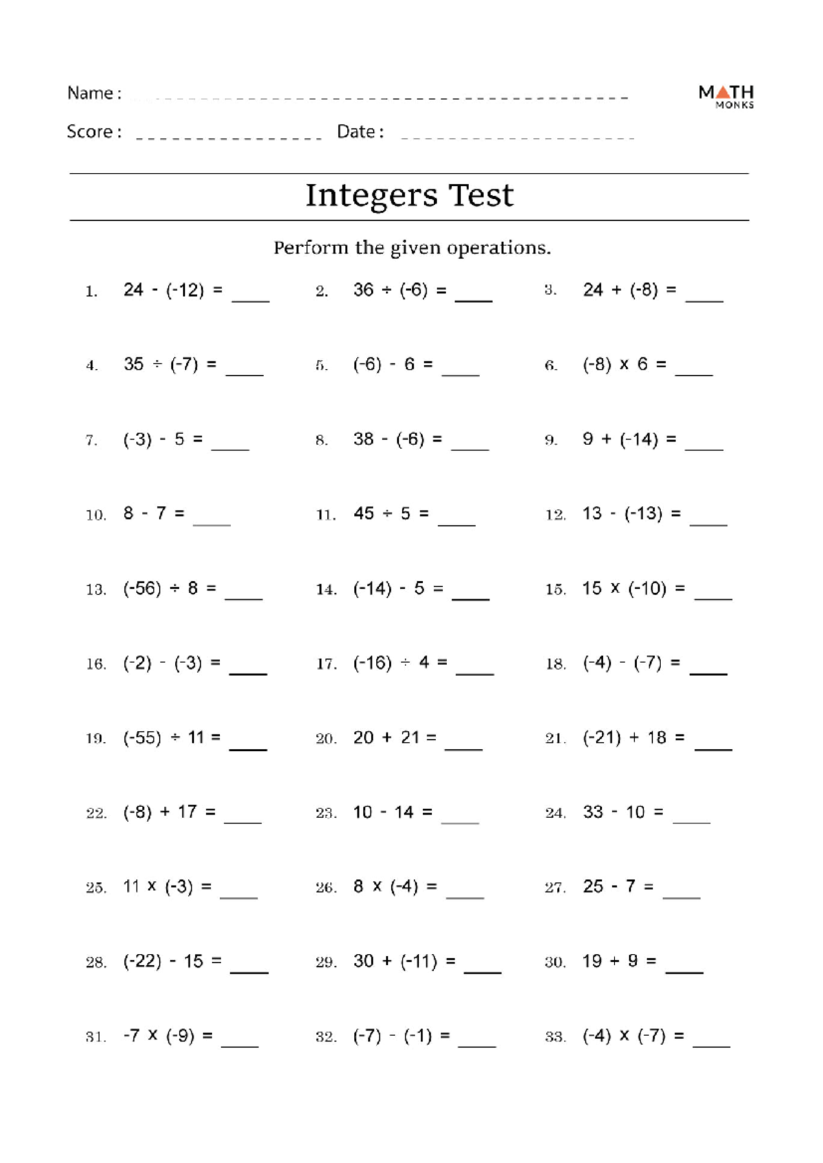 MATH MONKS MATH101 Mixed Operations Integers Test Worksheet - Studocu