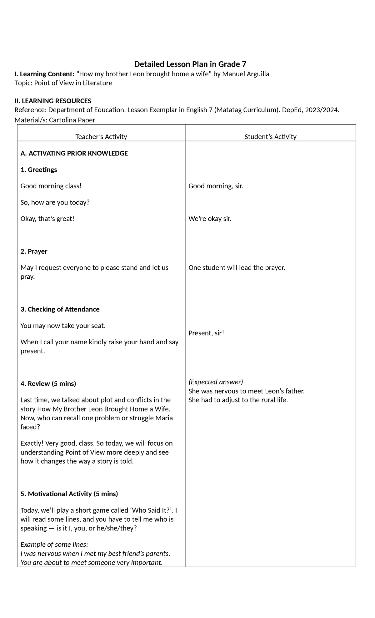 Grade 7 Lesson Plan: Understanding Point of View in Literature - Studocu