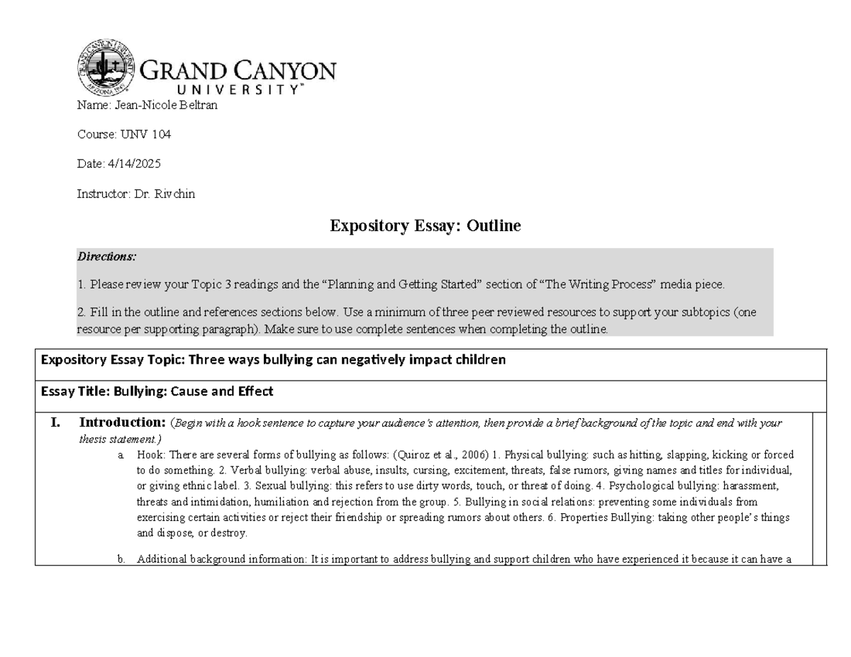 Expository essay outline on bullying: Cause and effect for UNV 104 ...