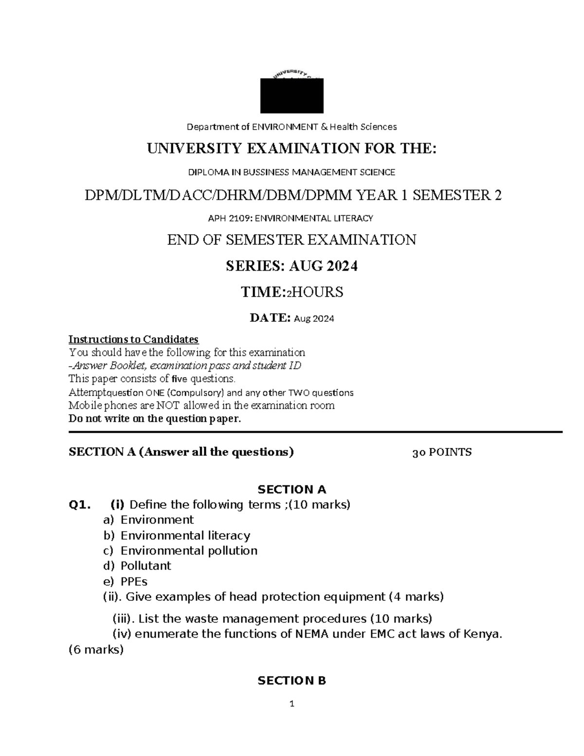 APH 2109: Environmental Literacy End of Semester Exam Aug 2024 - Studocu