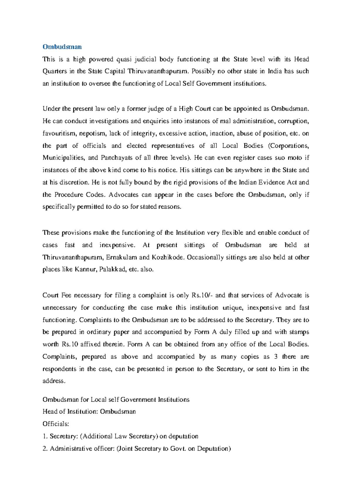 Ombudsman Overview and Key Functions in Local Self Government - Studocu