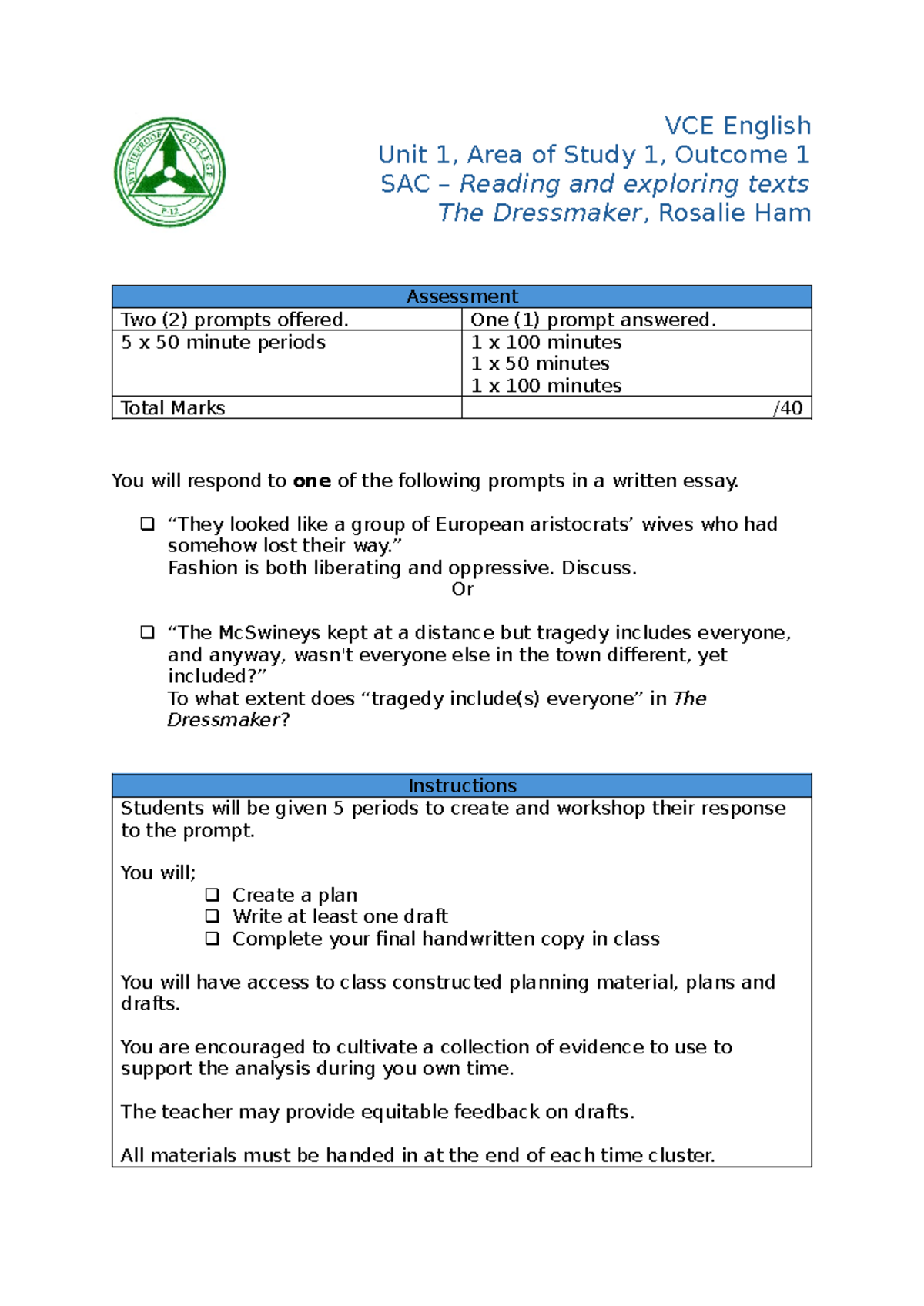 VCE English Unit 1: The Dressmaker SAC Essay Prompts & Guidelines - Studocu