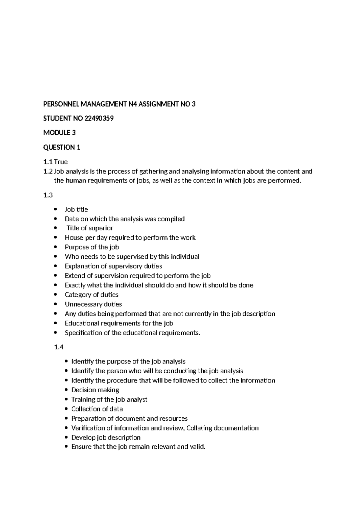 Personnel Management N4 Assignment No 3: Job Analysis Insights - Studocu