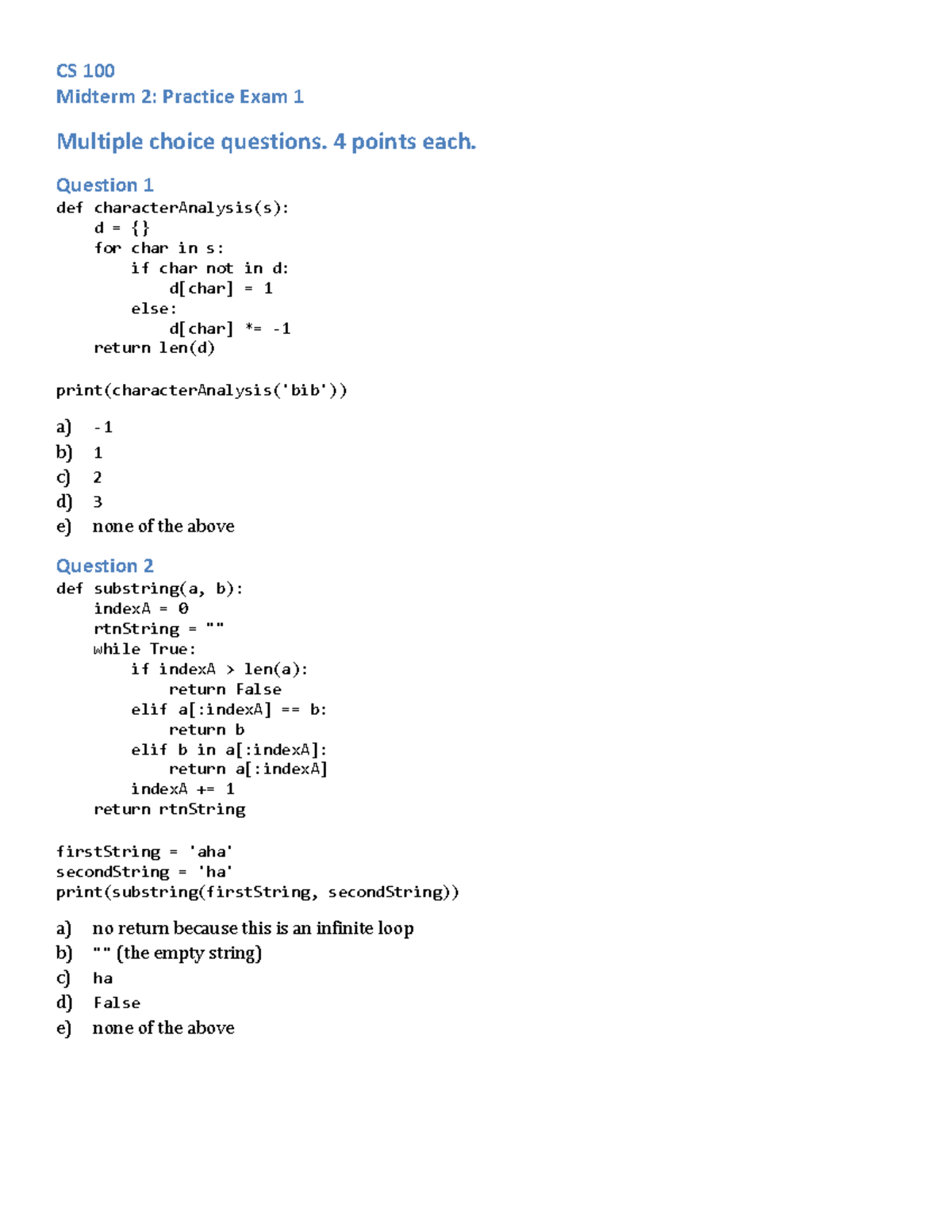 CS 100 Midterm 2 Practice Exam 1: Multiple Choice Questions - Studocu