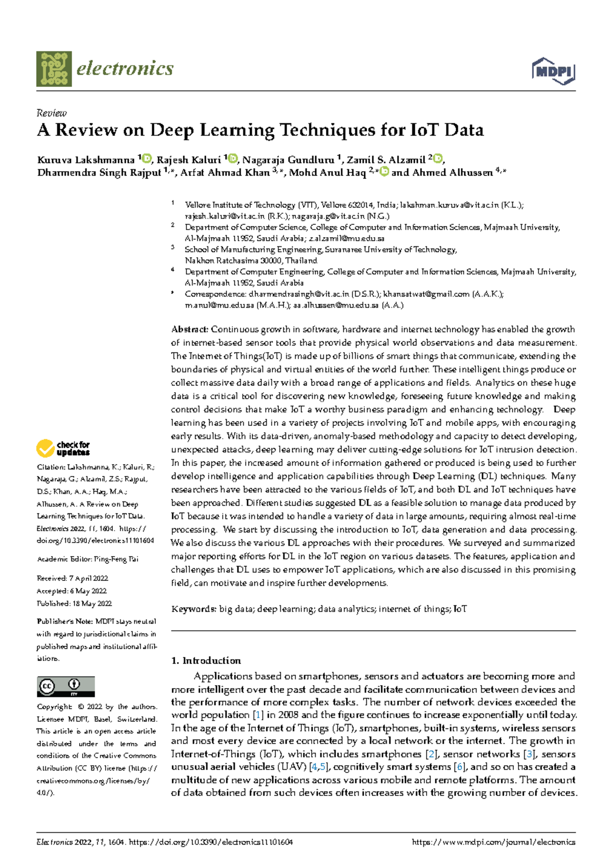 Electronics 2022: A Review on Deep Learning Techniques for IoT Data ...