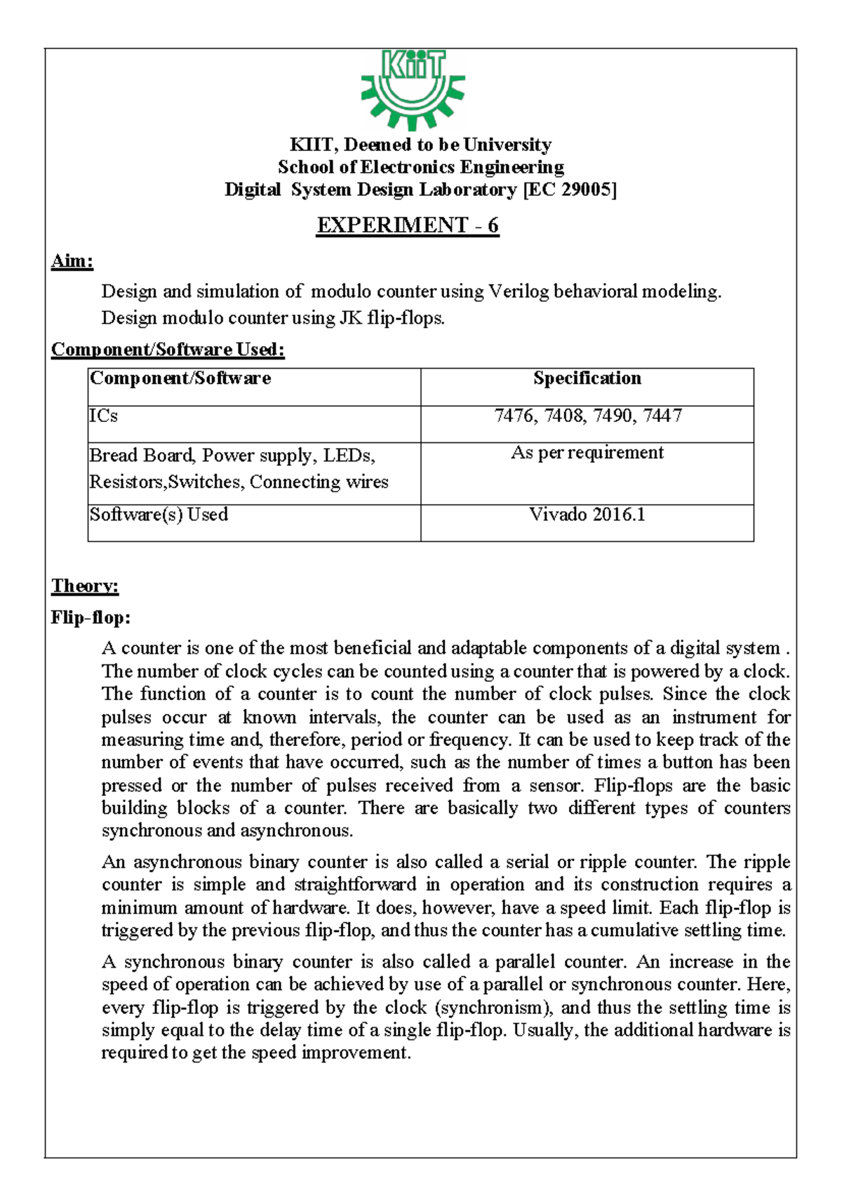 KIIT EE 2023: Digital System Design Lab - Modulo Counter Experiment 6 ...