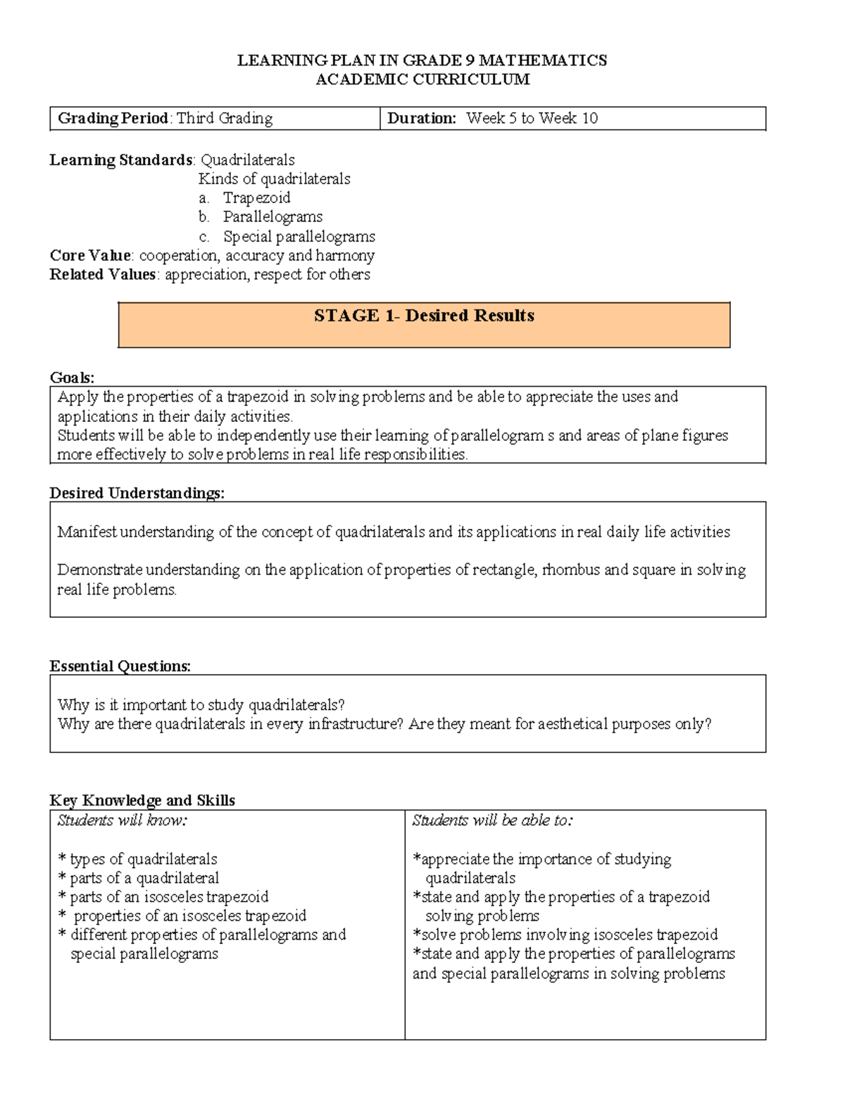 3rd lp 5-10 - Learning Plan - LEARNING PLAN IN GRADE 9 MATHEMATICS ...