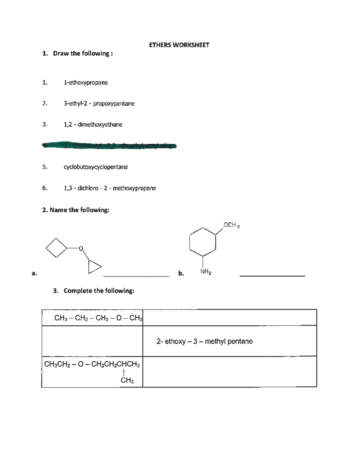 5-Ethers WS1 - Ethers Worksheet and Naming Practice - Studocu