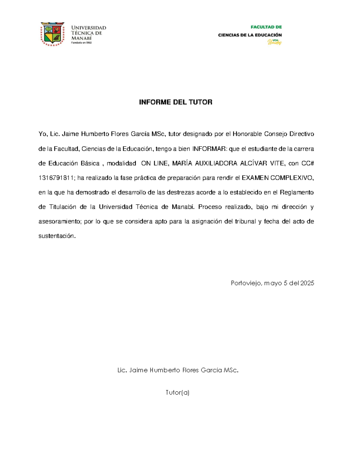 Informe del Tutor para Examen Complexivo de María Auxiliadora Alcívar ...