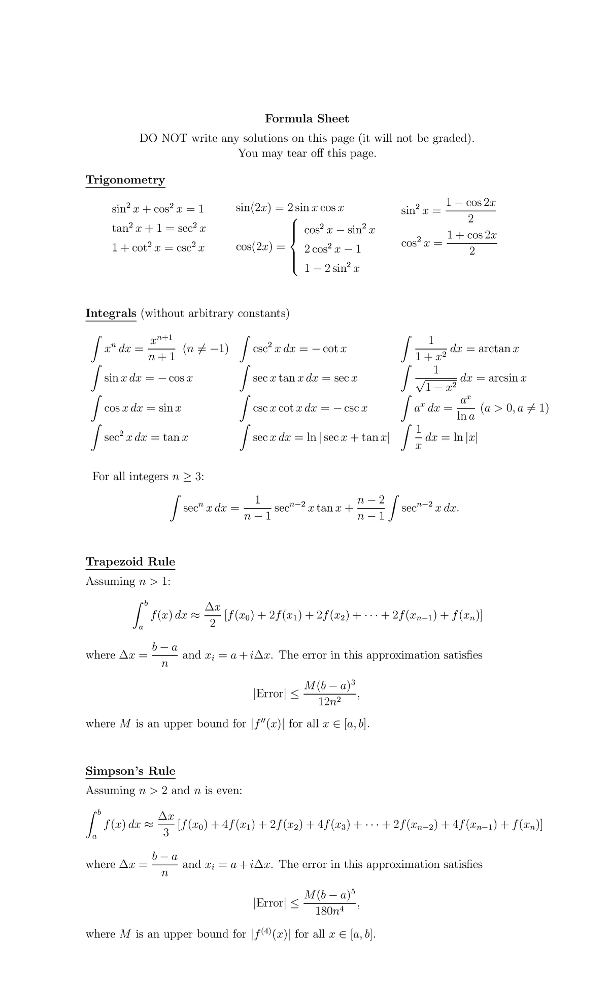 M118 W24 Midterm Exam Formula Sheet for Trigonometry & Integrals - Studocu