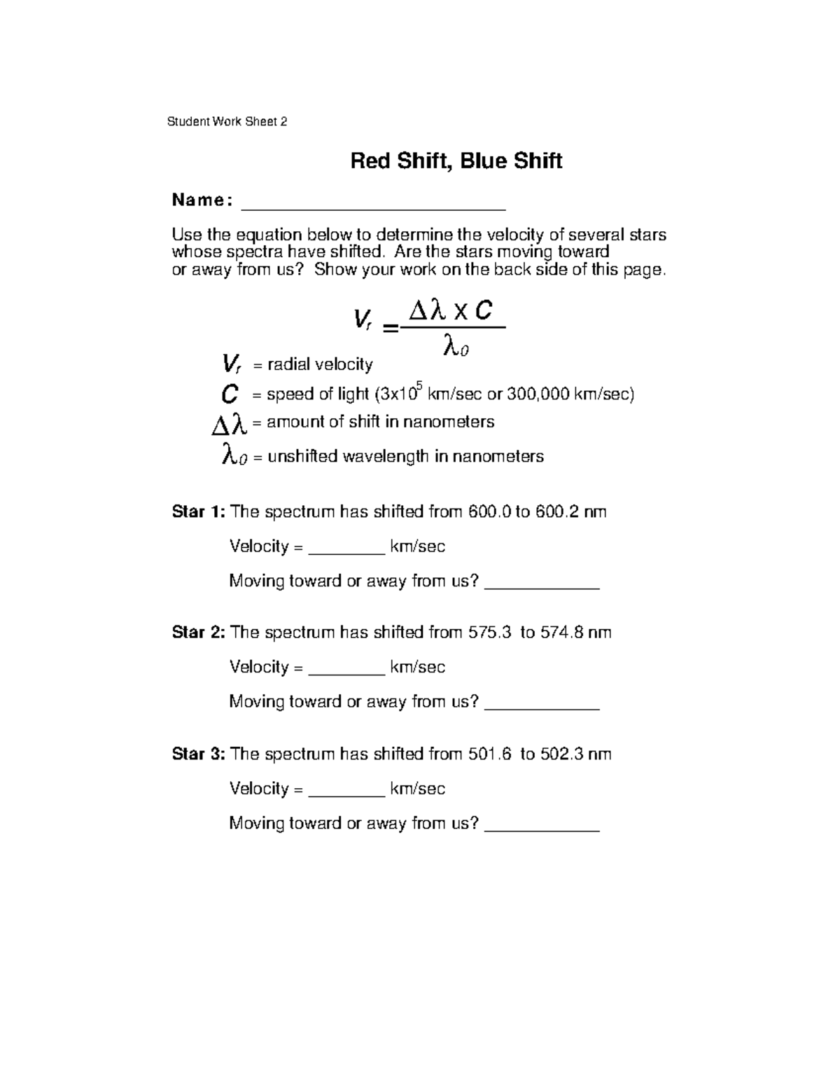 Red Shift and Blue Shift Calculations Worksheet (Space Based) - Studocu