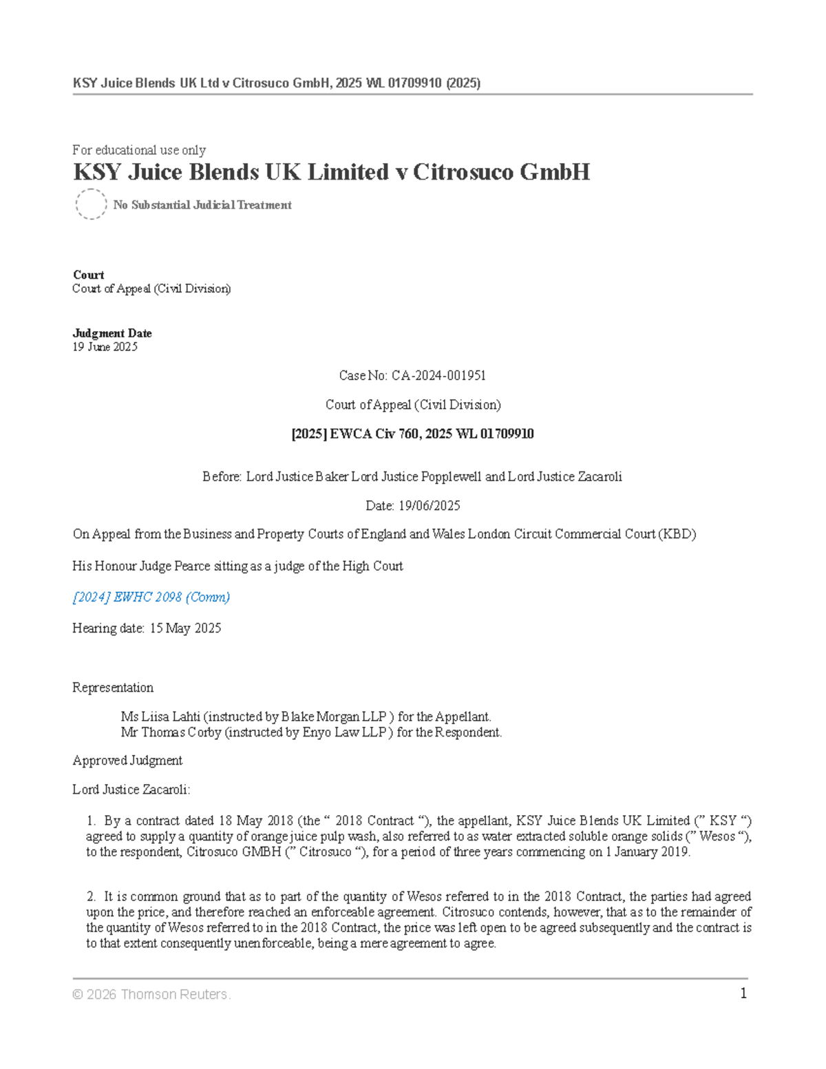 KSY Juice Blends UK Ltd v Citrosuco GmbH: Court of Appeal Judgment ...