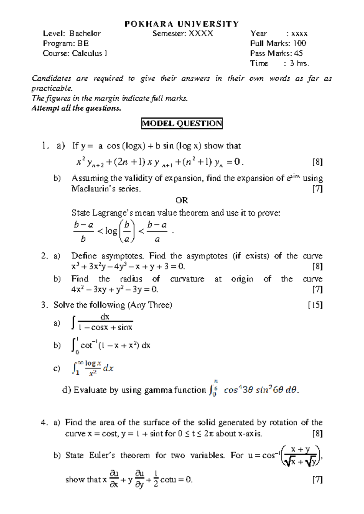 PU Model Question 023: Calculus I 1st Sem Model Exam Paper - Studocu