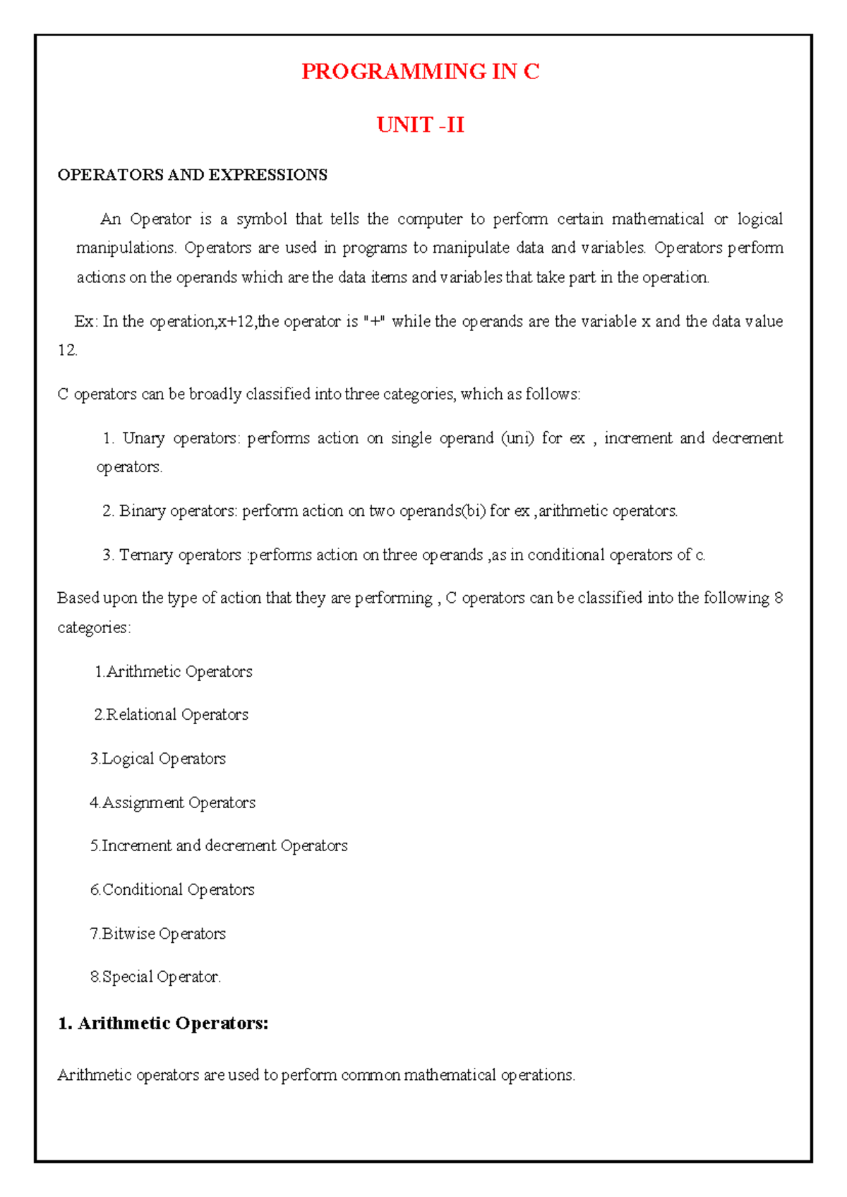 C Programming Unit 2: Operators and Expressions Overview - Studocu