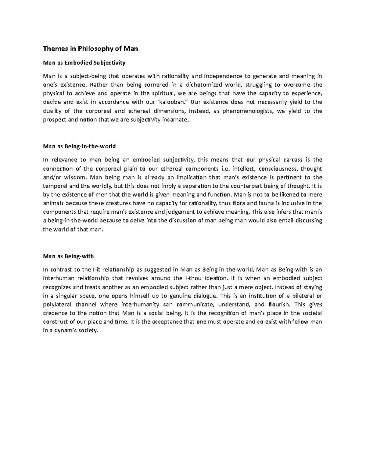 Themes in Philosphy of Man Summary - Themes in Philosophy of Man Man as ...