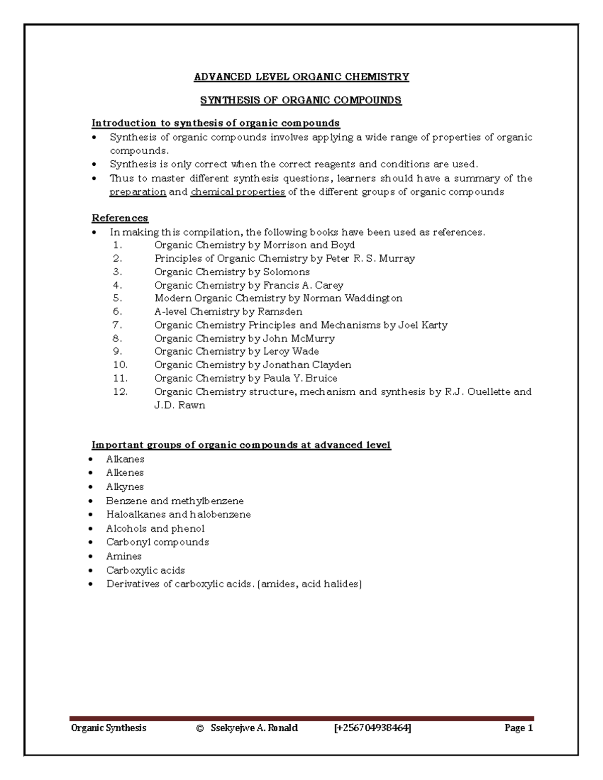 ADVANCED LEVEL ORGANIC CHEMISTRY (CHEM 401): SYNTHESIS OF ORGANIC ...