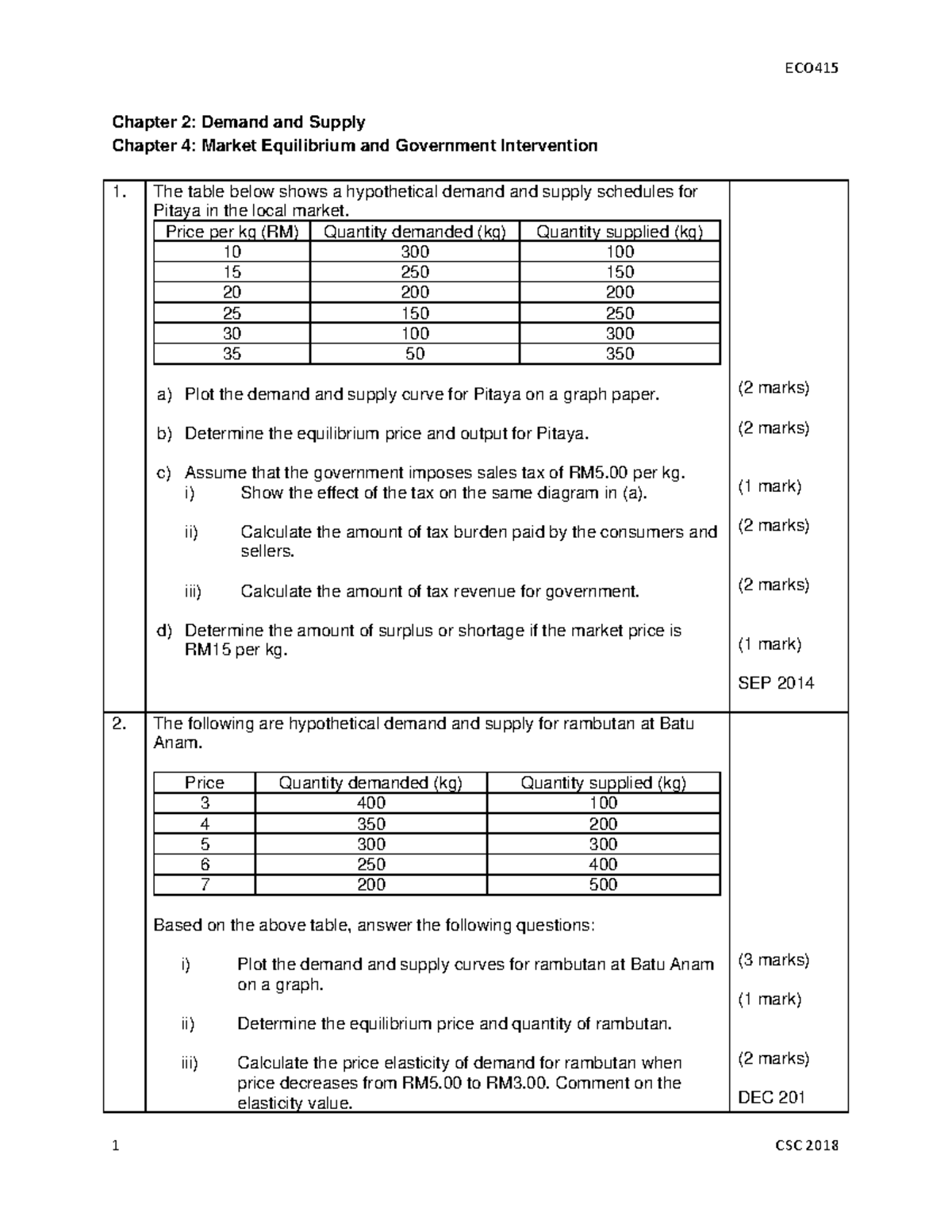 Economics Exercise - Chapter 2: Demand and Supply Chapter 4: Market ...